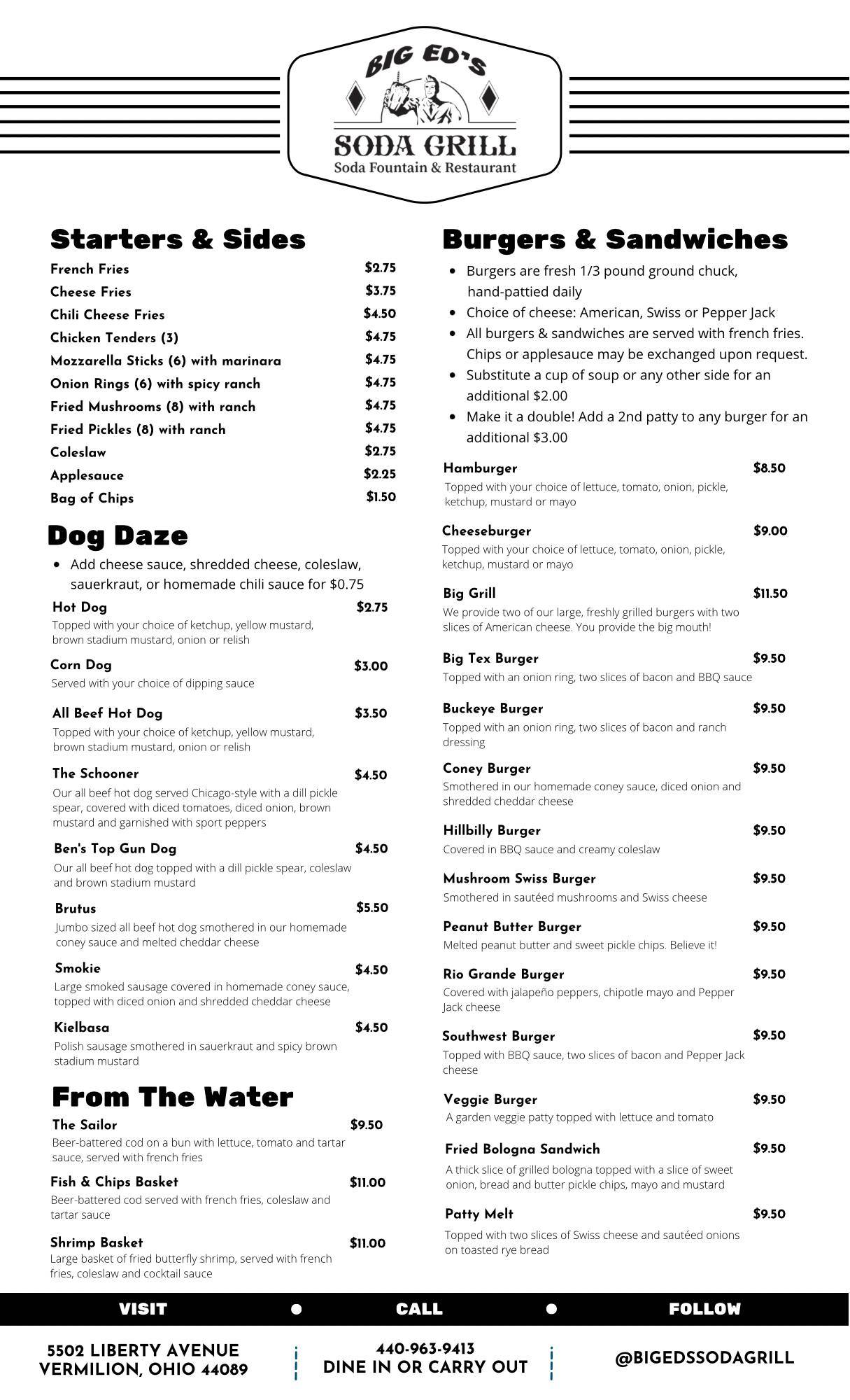 Menu at Big Ed's Main Street Soda Grill - Vermilion restaurant, Vermilion