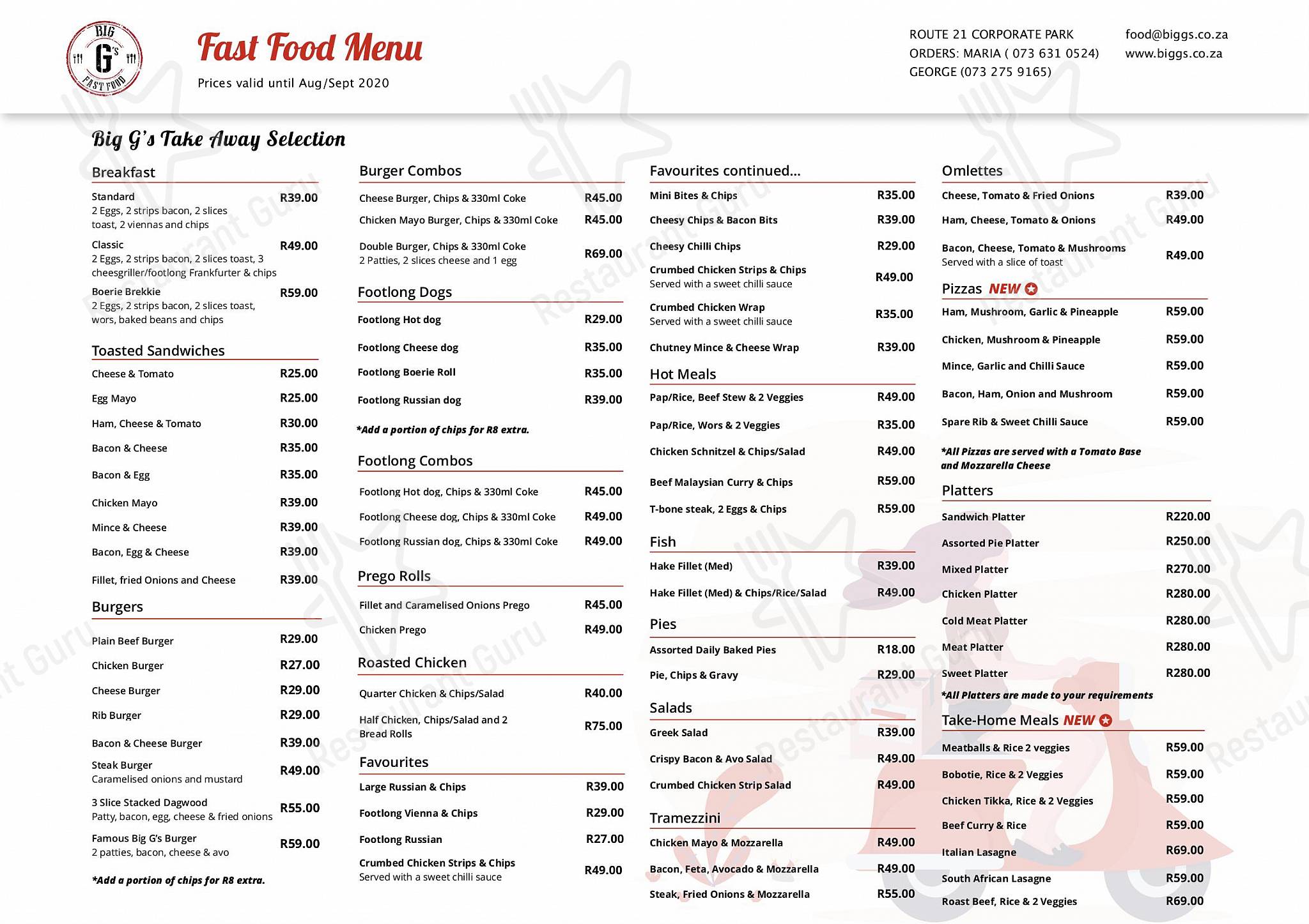 Menu at Big G's Fast Food, Centurion