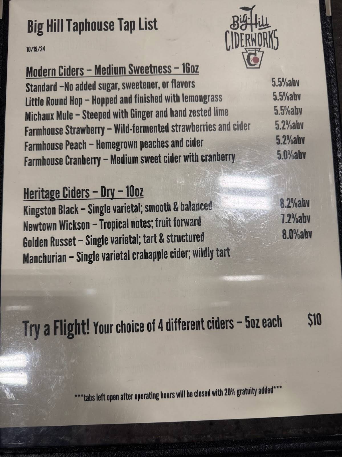 Menu at Big Hill Ciderworks pub & bar, Gardners