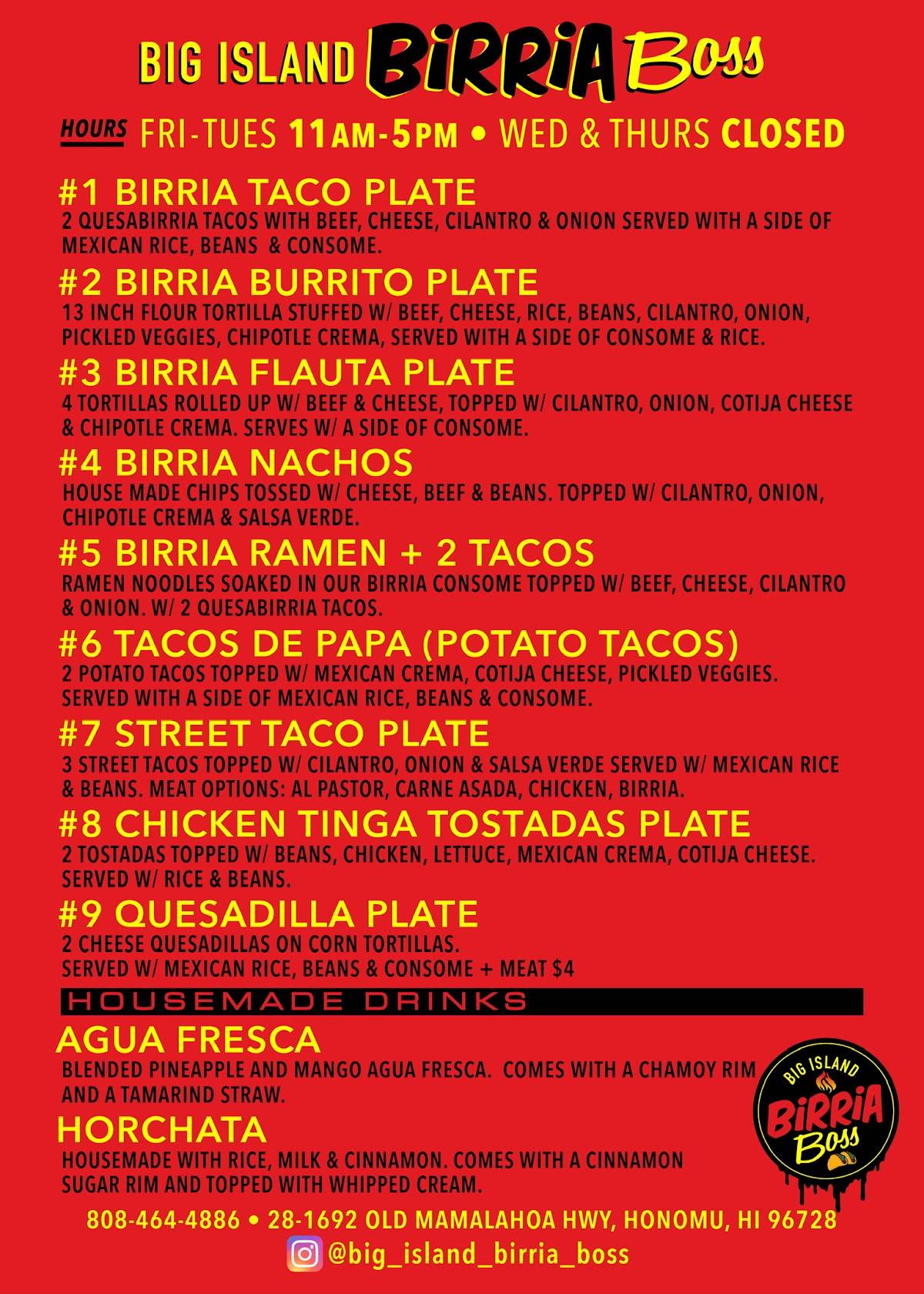 Menu at Big Island Birria Boss restaurant, Honomu
