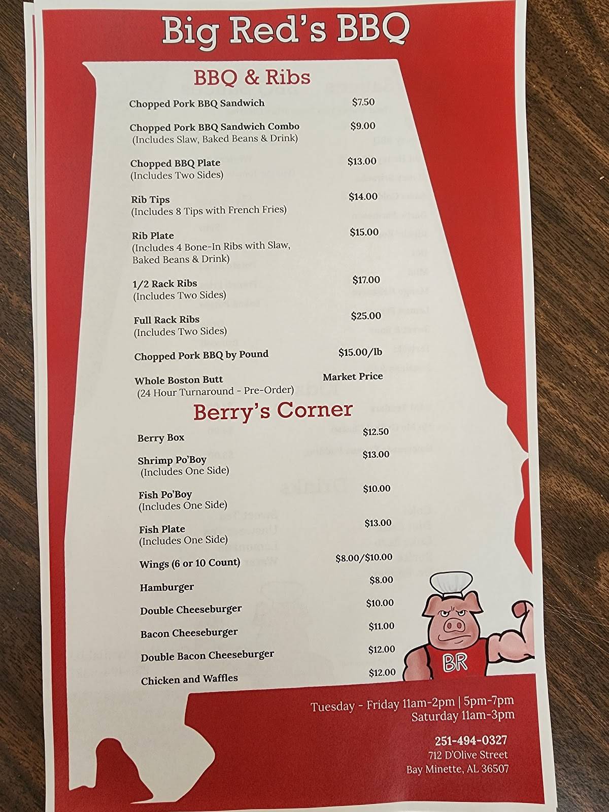 Carta de Big Red's BBQ & BISTRO, Bay Minette