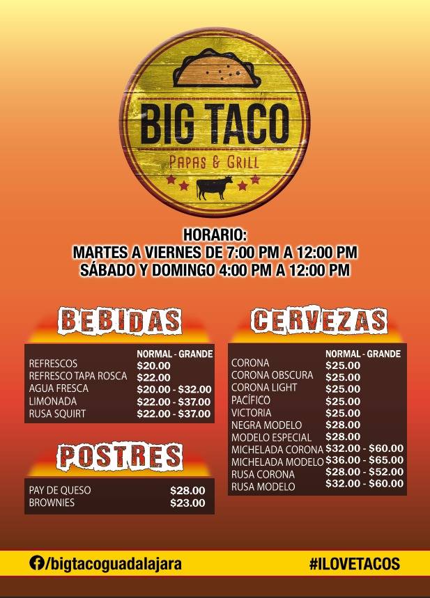 Menu at Big Taco restaurant, Guadalajara