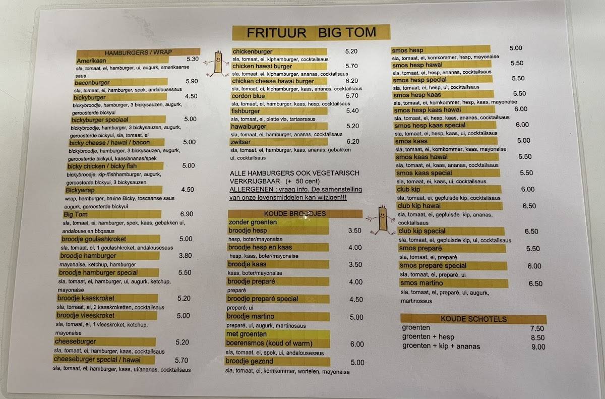 Menu at Big Tom restaurant, Lommel