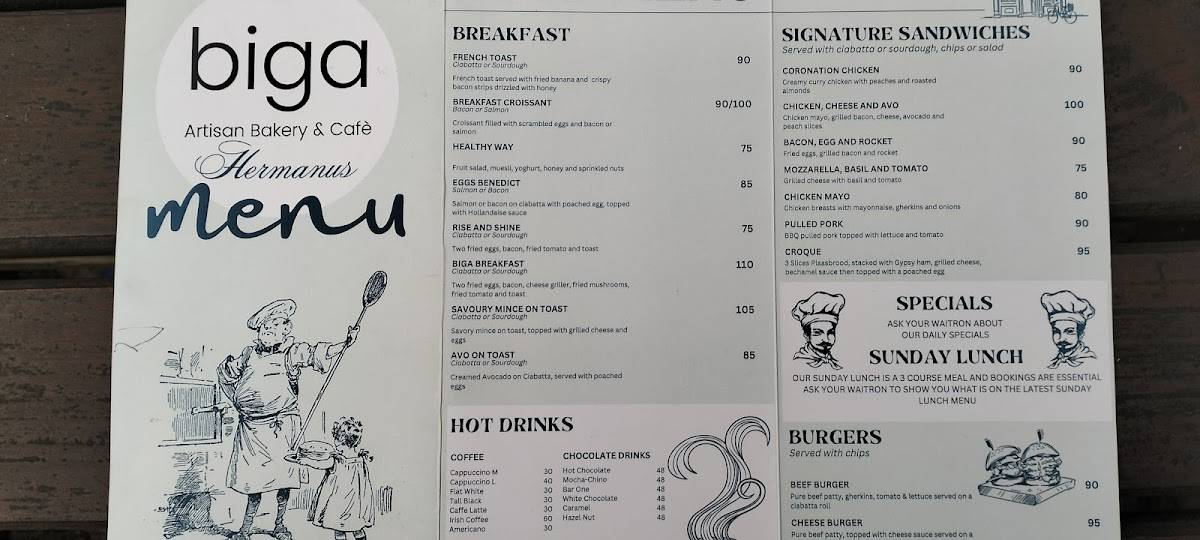 Carta de Biga Artisan Bakery Cafe, Hermanus