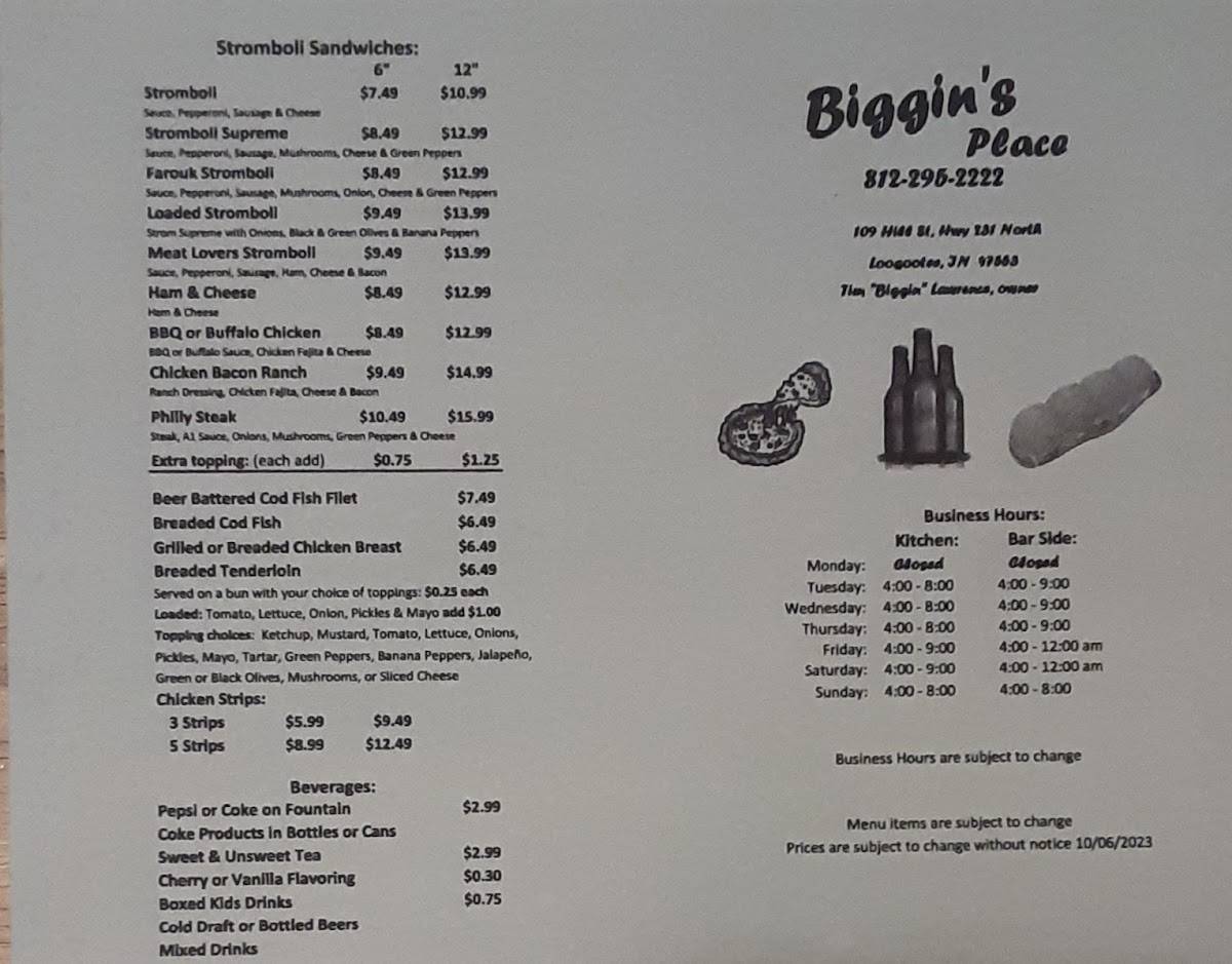 Menu at Biggin's Place pub & bar, Loogootee
