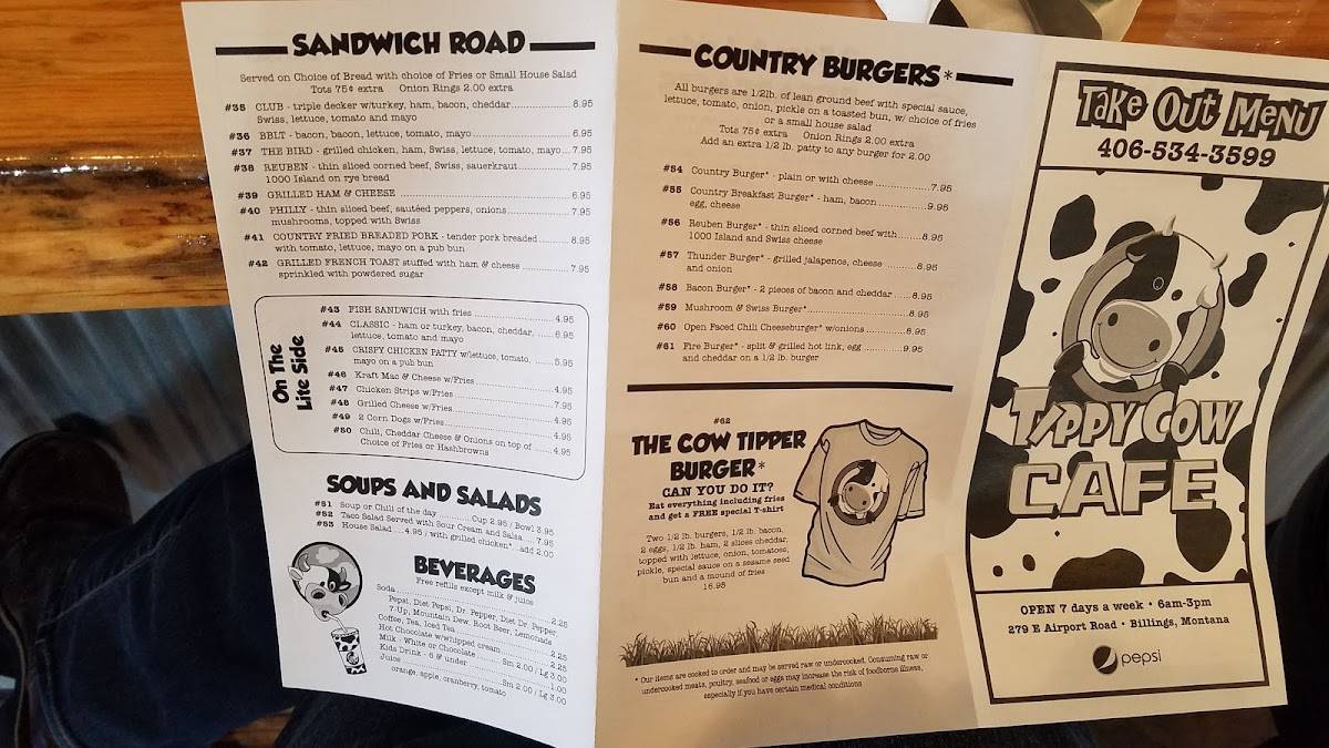 Menu at Tippy cow cafe, Billings
