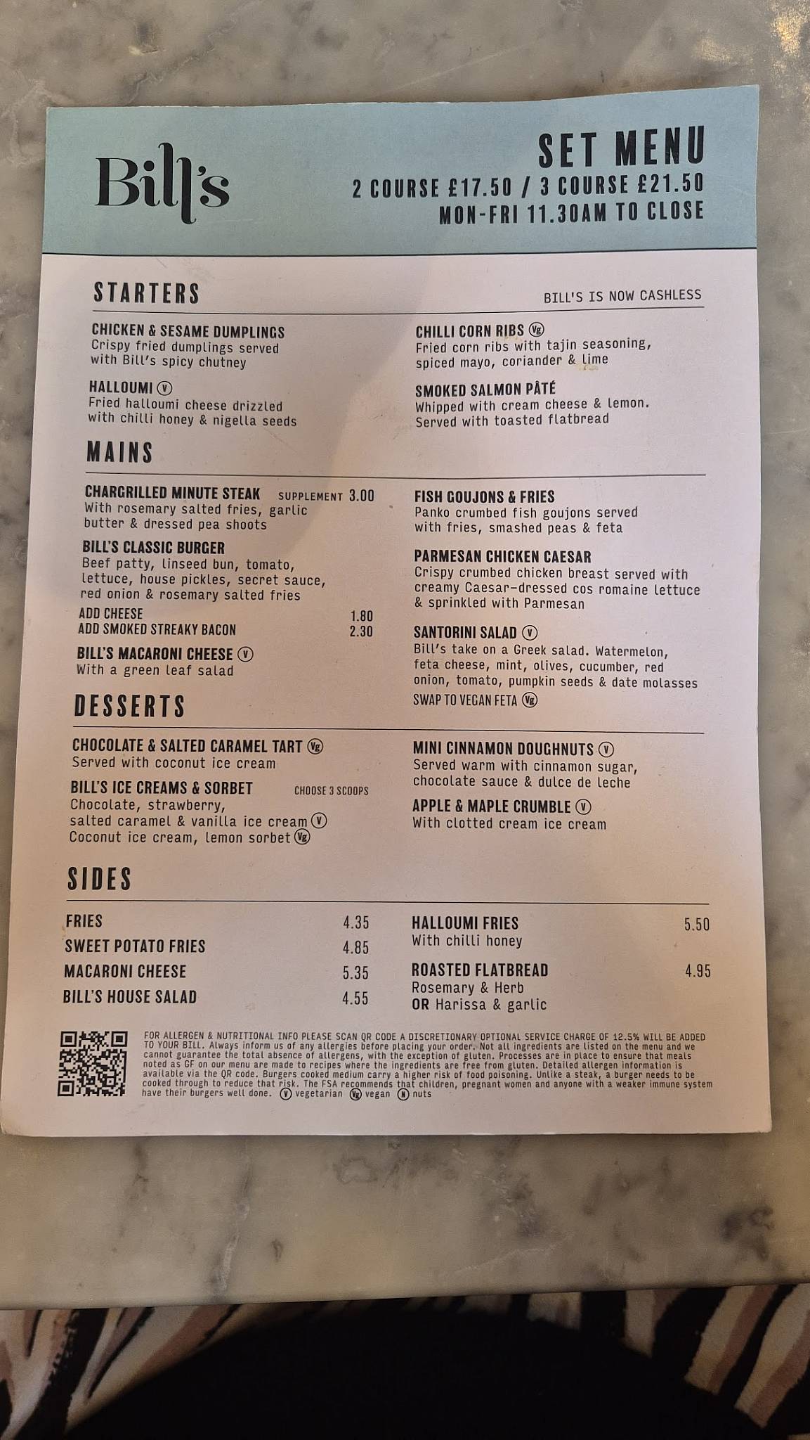 Menu at Bill's Reading Restaurant, Reading