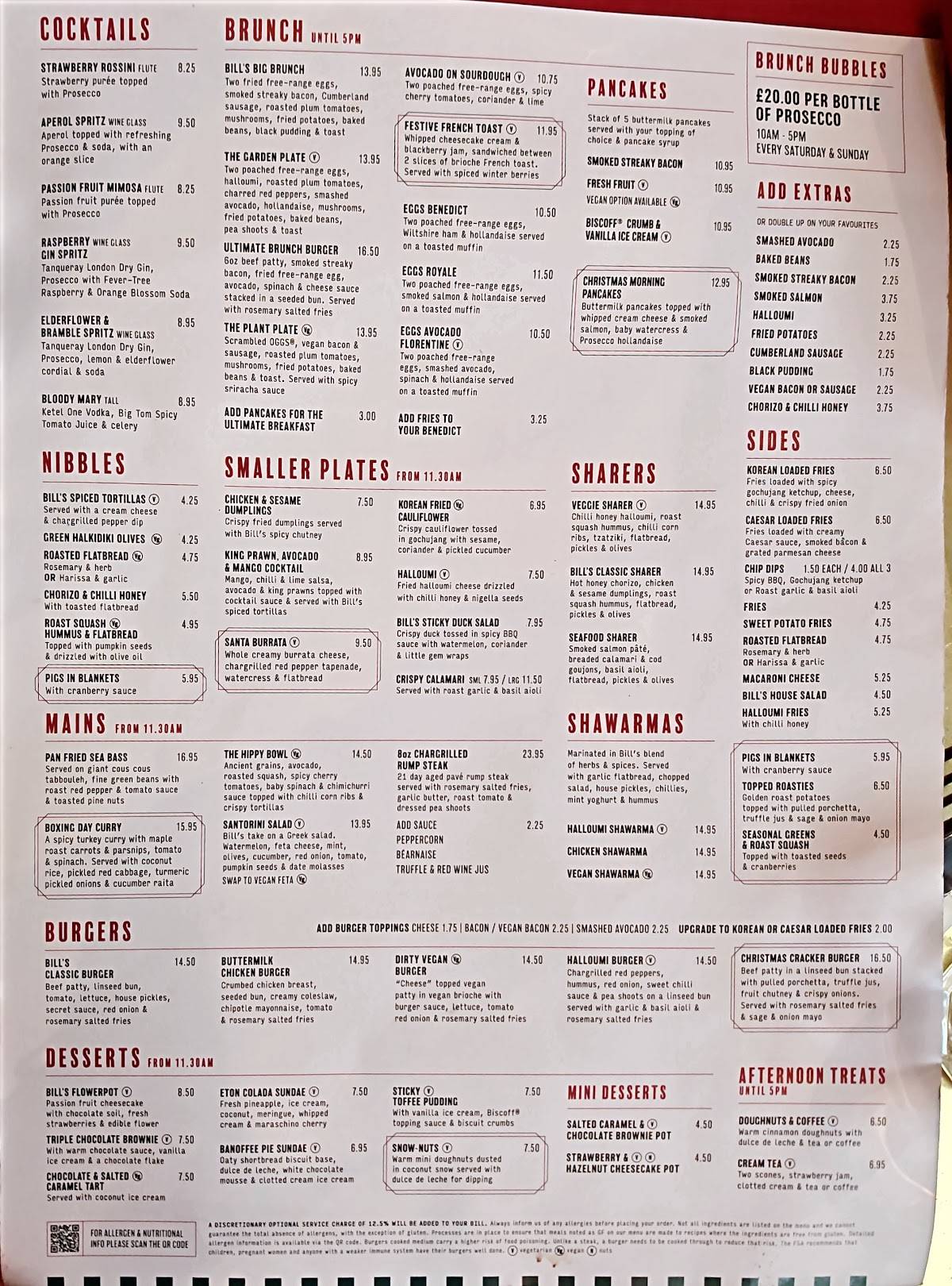 Menu at Bill's Reading Restaurant, Reading