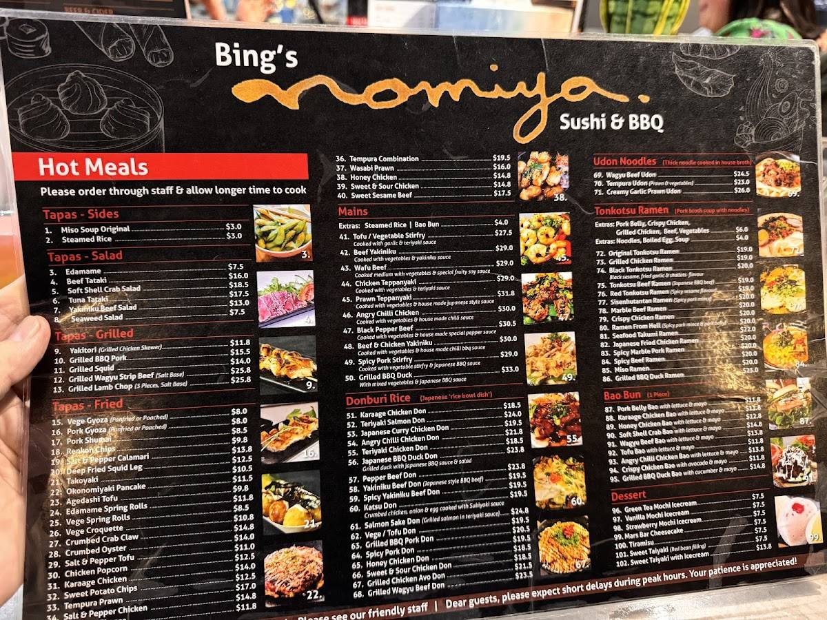 Menu at Bing’s Nomiya restaurant, Mackay