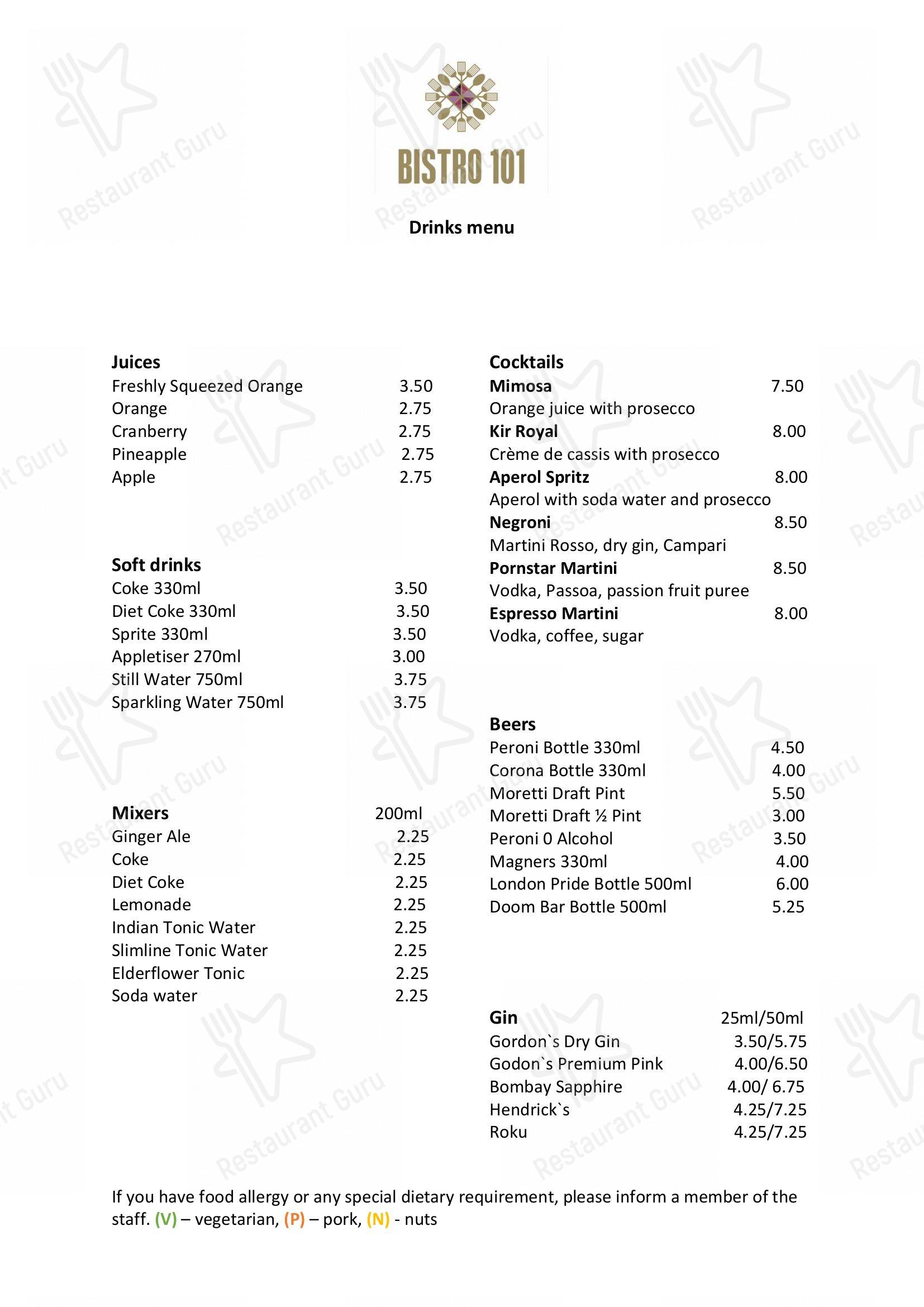 Carta del restaurante Bistro 101, Stanmore