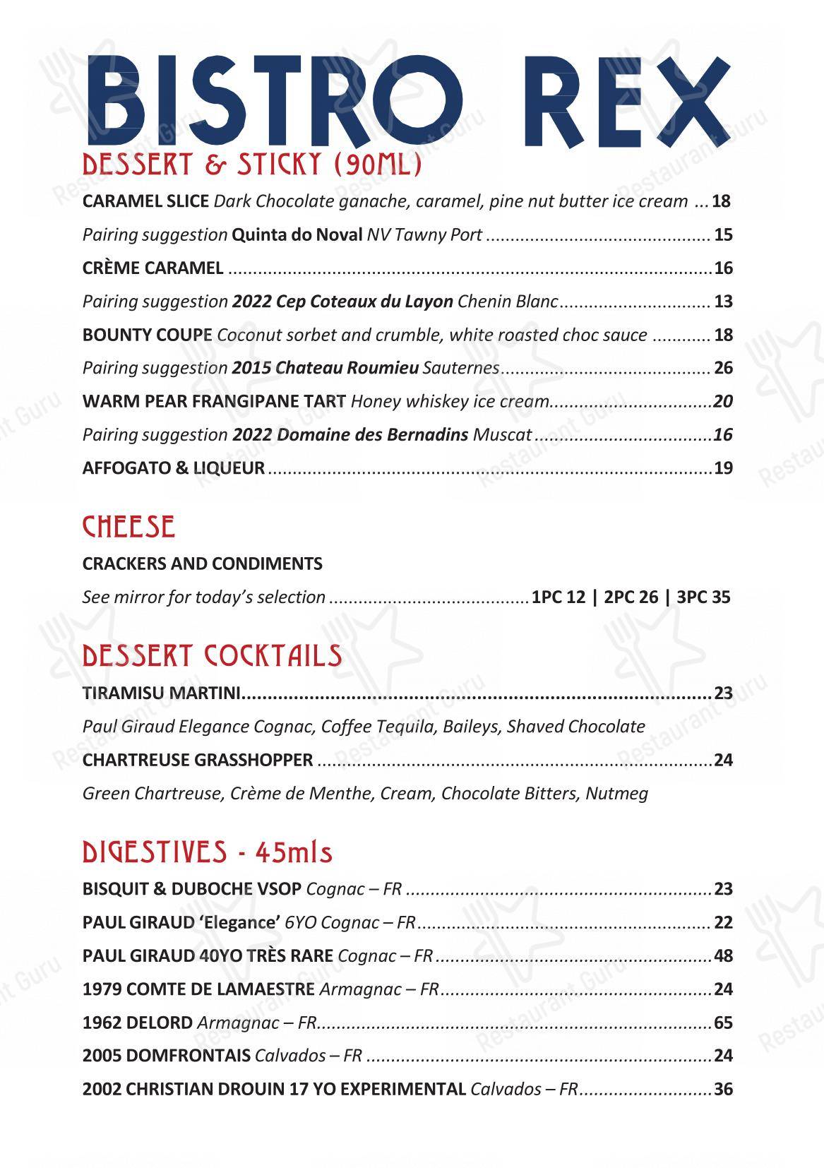 Menu at Bistro Rex Restaurant, Potts Point
