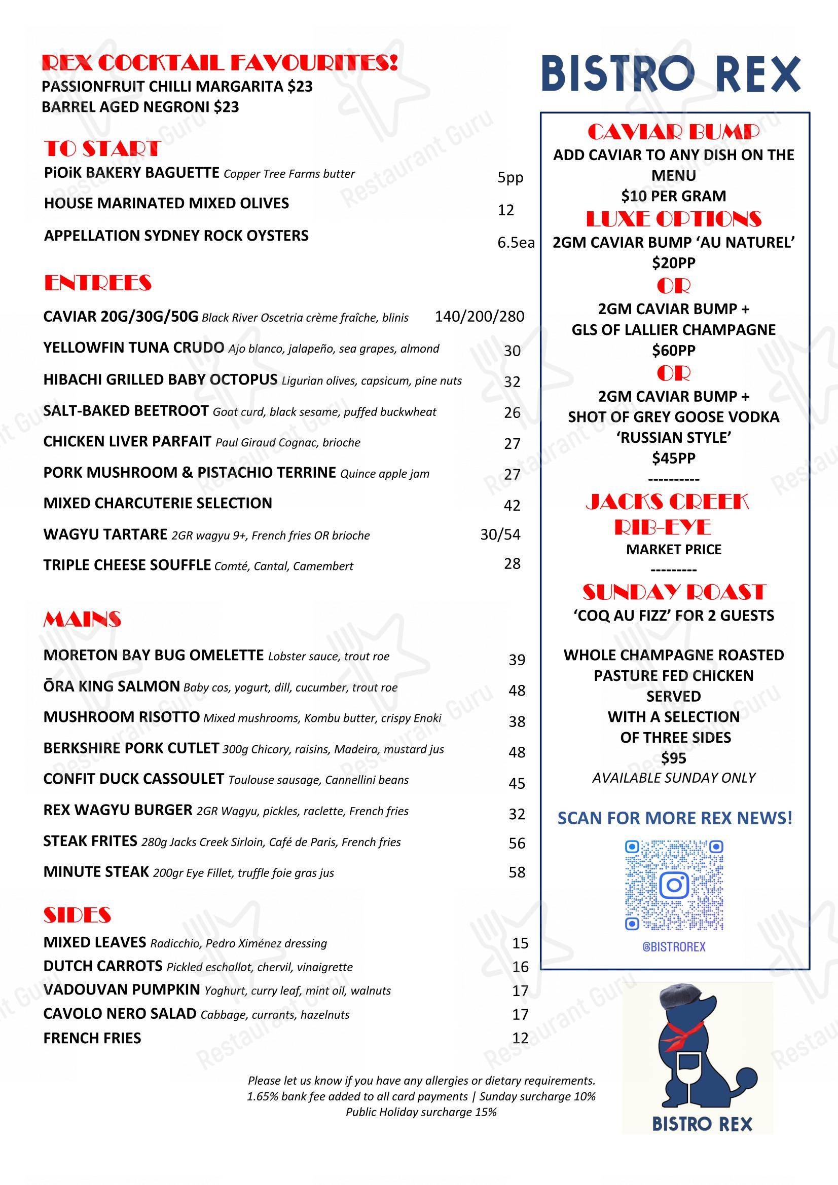 Menu at Bistro Rex Restaurant, Potts Point