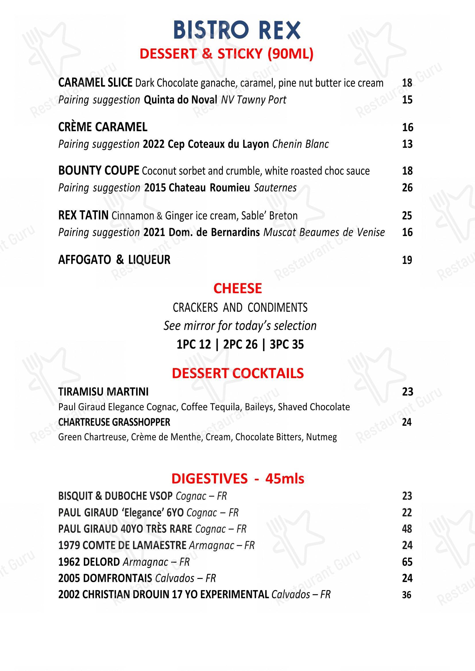 Menu at Bistro Rex Restaurant, Potts Point
