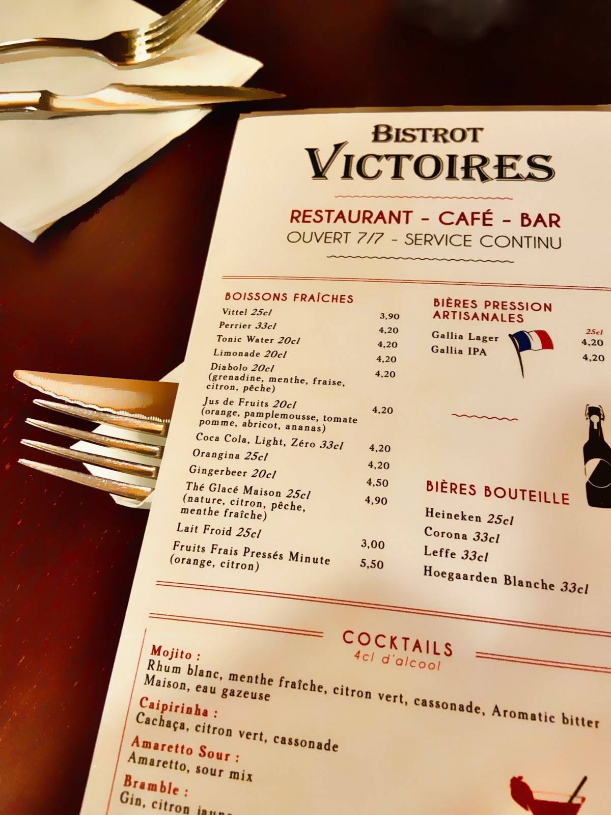 Menu at Bistrot Victoires restaurant, Paris, 6 Rue de la Vrillière