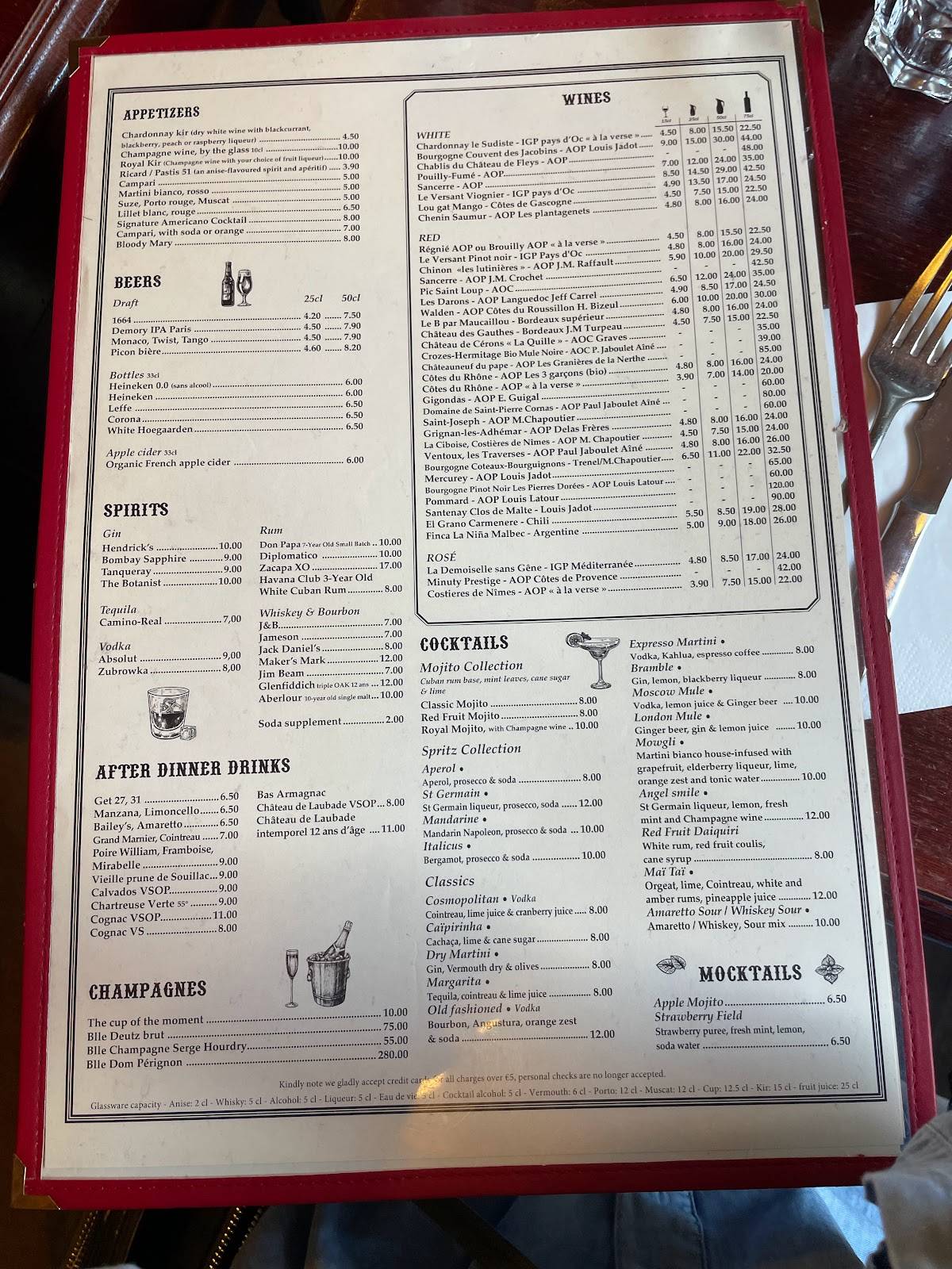 Menu at Bistrot Victoires restaurant, Paris, 6 Rue de la Vrillière