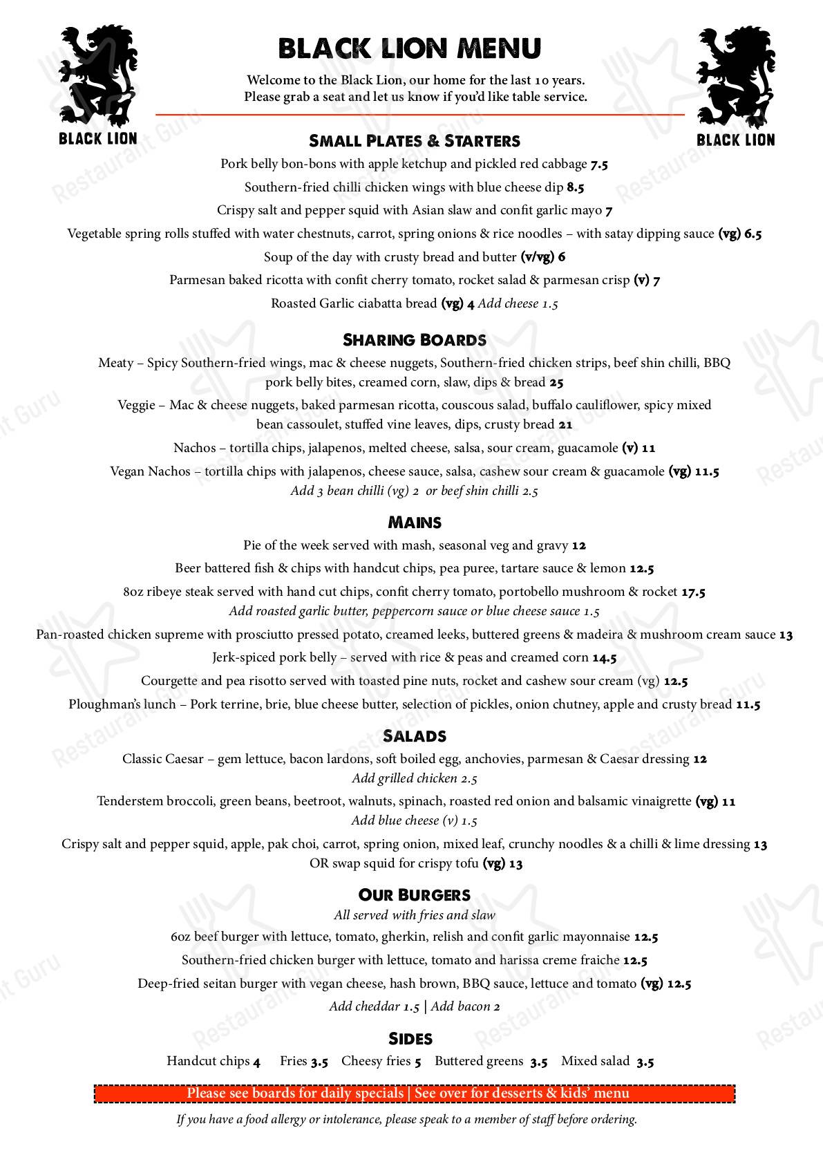Menu at The Black Horse pub & bar, Arundel, Binsted Ln
