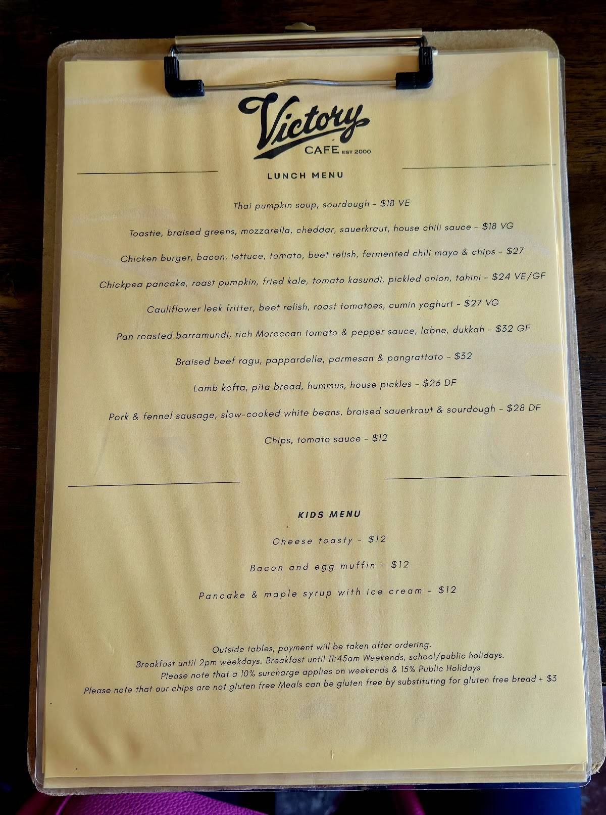 Menu at Victory Cafe, Blackheath