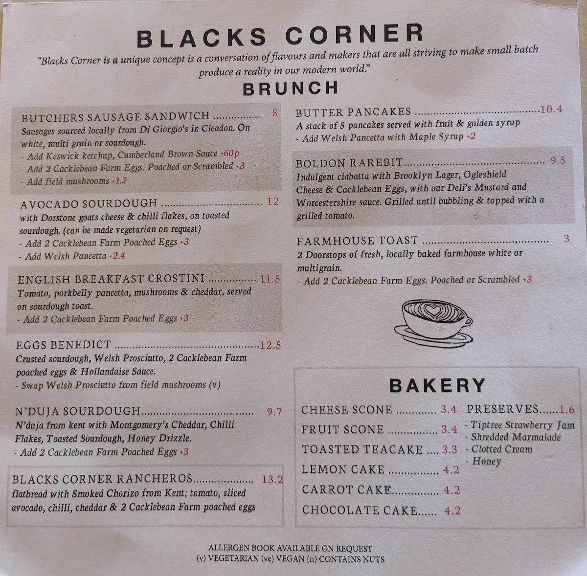 Menu at Blacks Corner restaurant, East Boldon