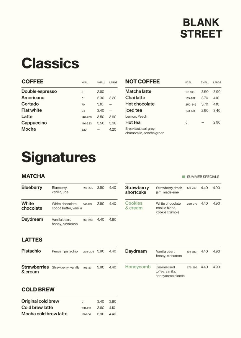 Menu at Blank Street Coffee restaurant, London, Ariel Way
