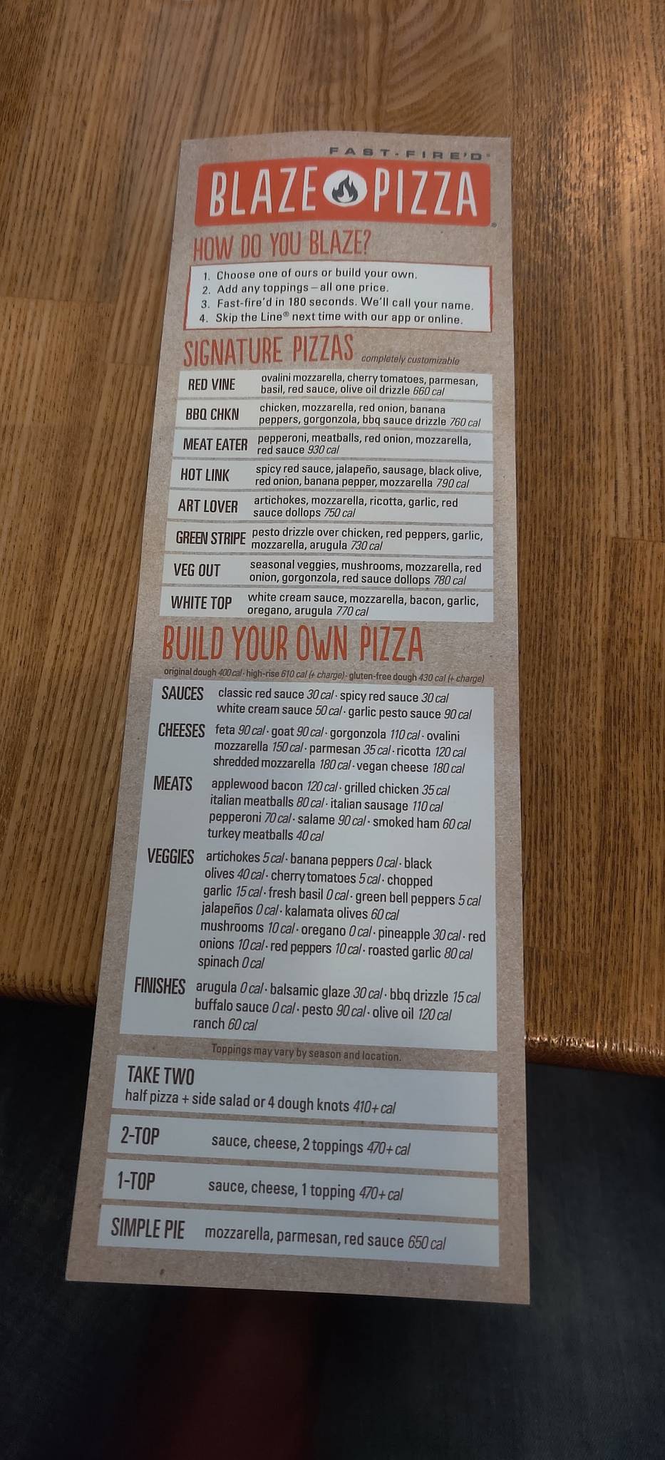Menu at Blaze Pizza pizzeria, Williamsburg, Main St