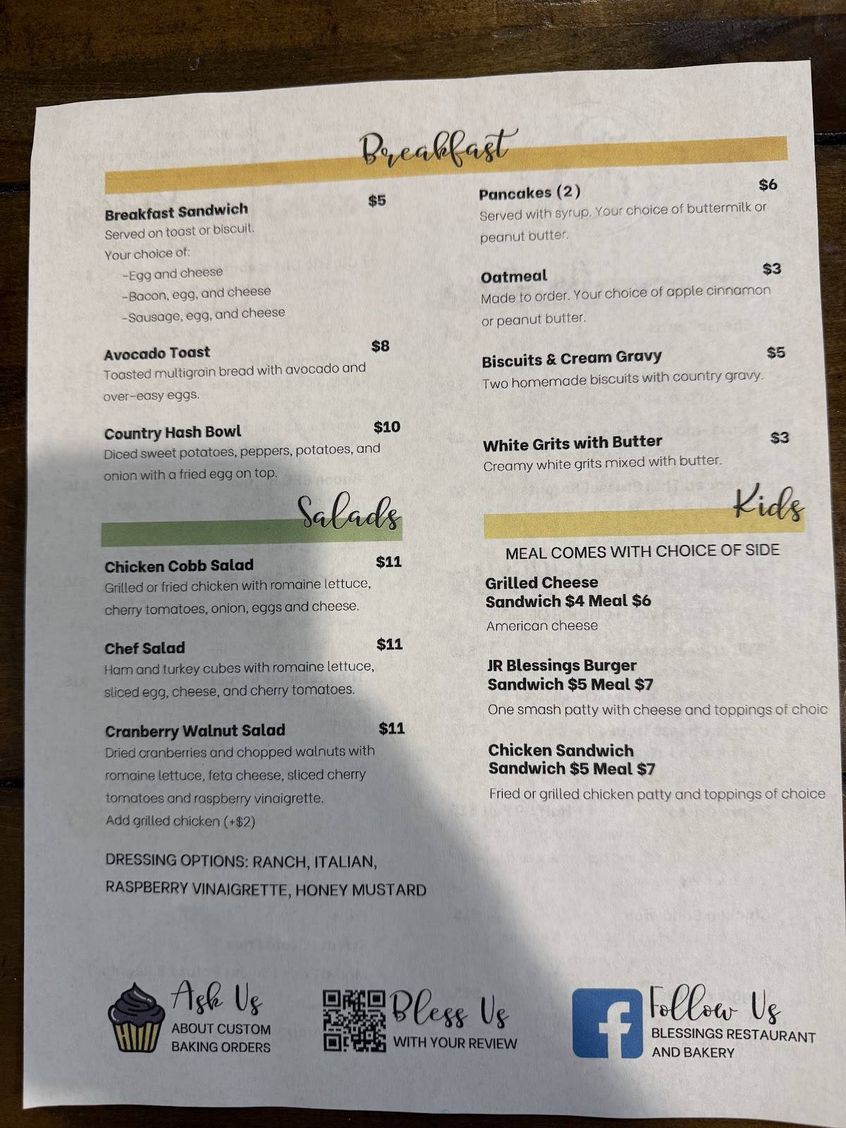 Menu at Blessings Restaurant and Bakery, Temple