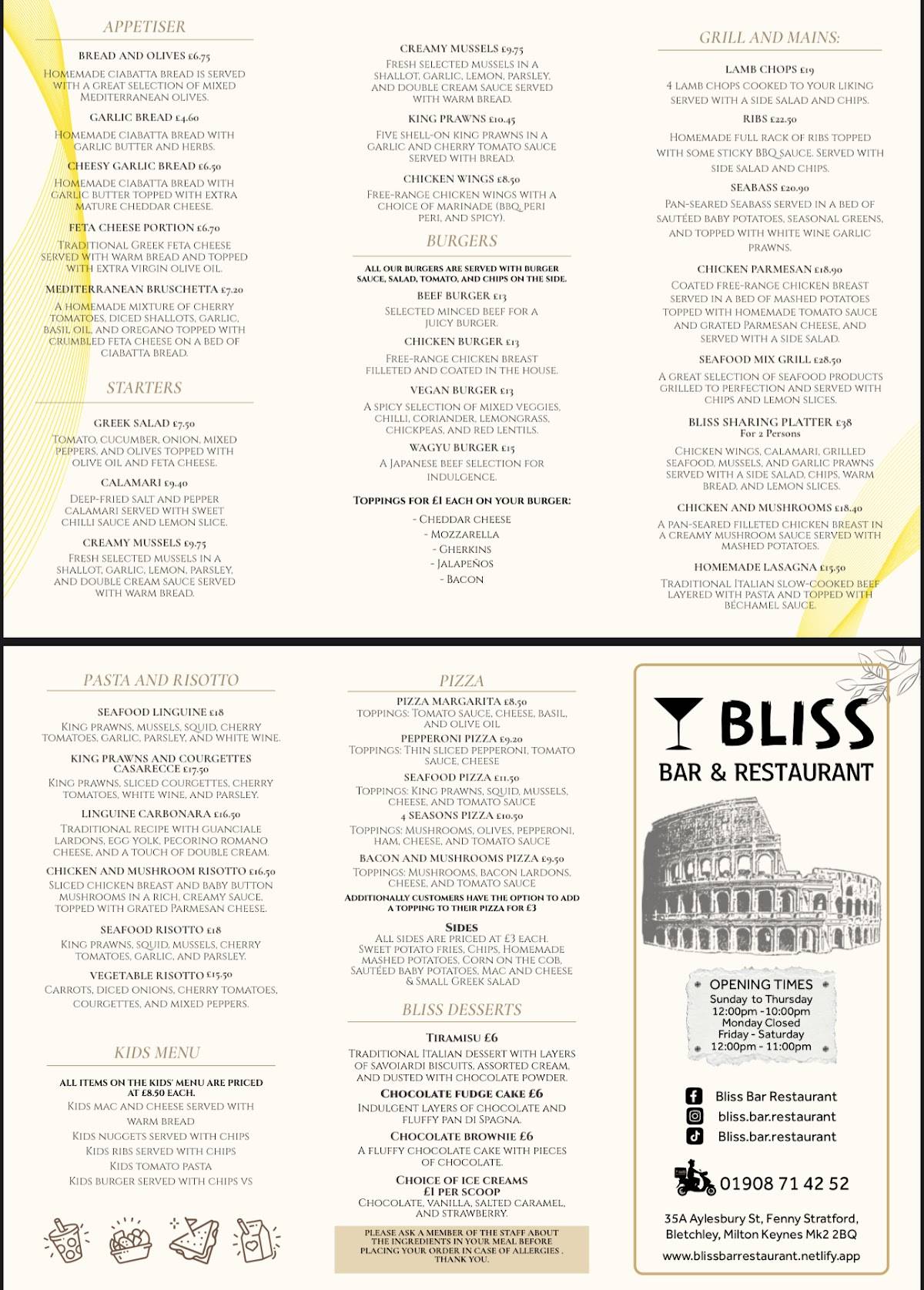Menu at Bliss Bar & Restaurant, Milton Keynes