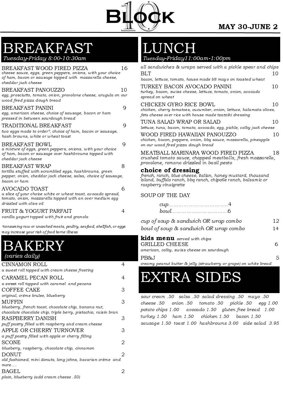 Menu at Block 10 cafe, Sheffield