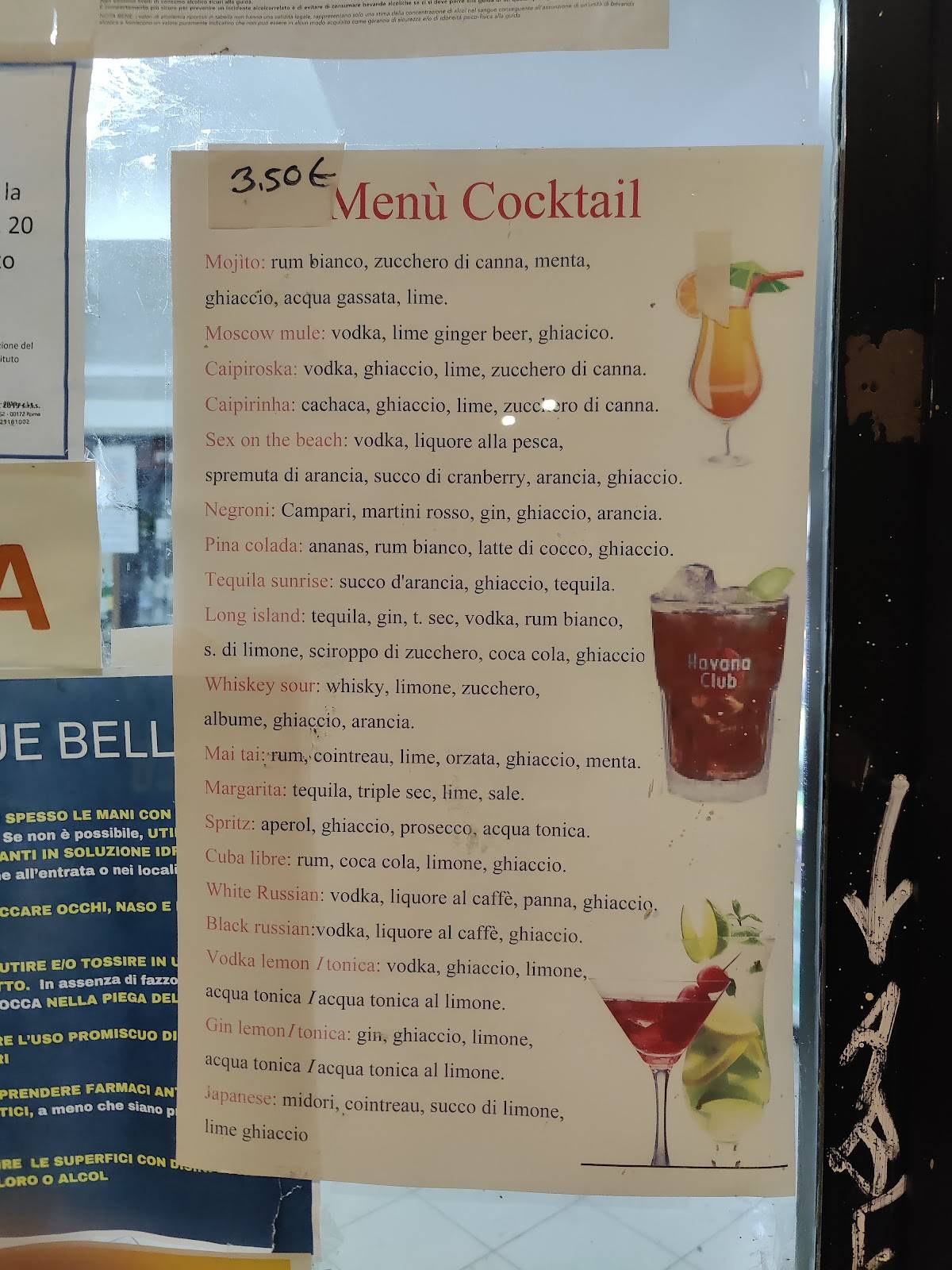 Menu at Blue Bar, Rome, Largo degli Osci