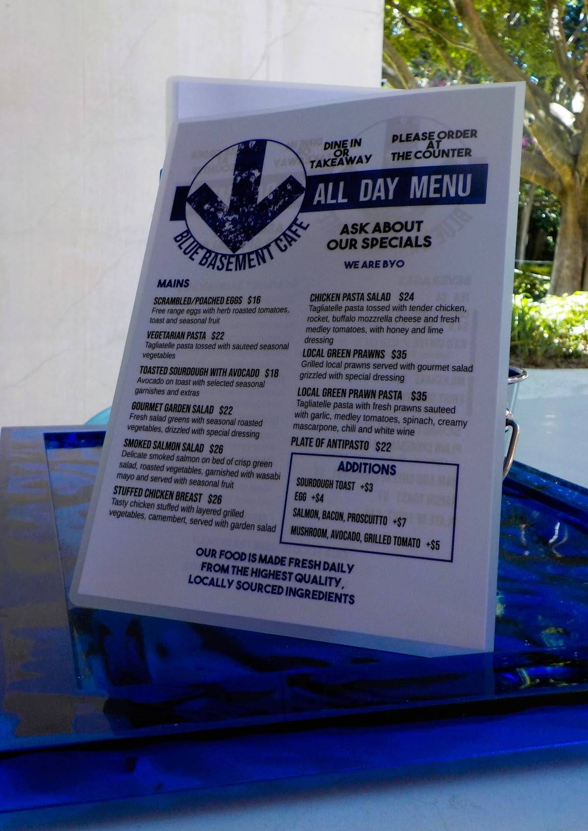 Menu at Blue Basement Cafe, South Brisbane