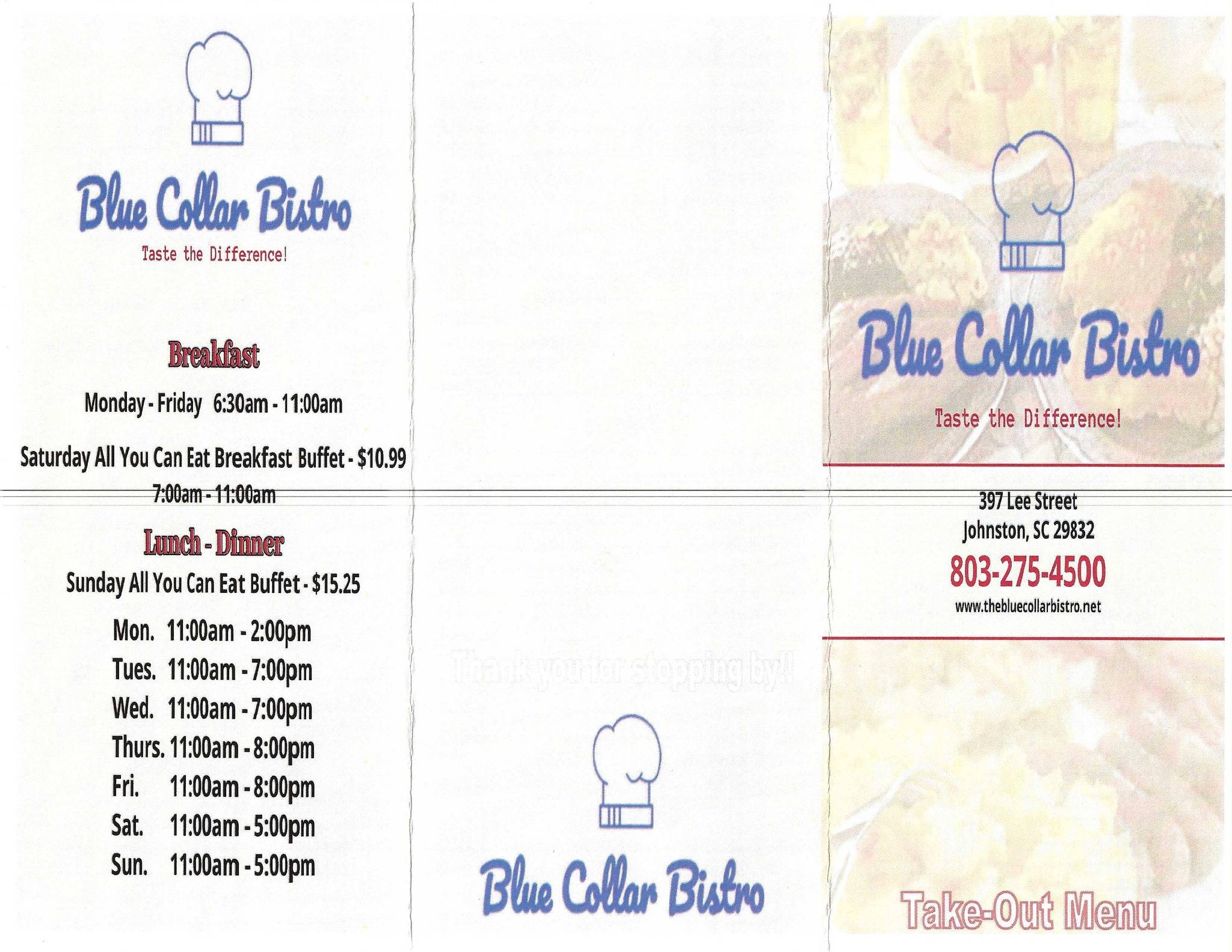 Menu at Blue Collar Bistro restaurant, Johnston