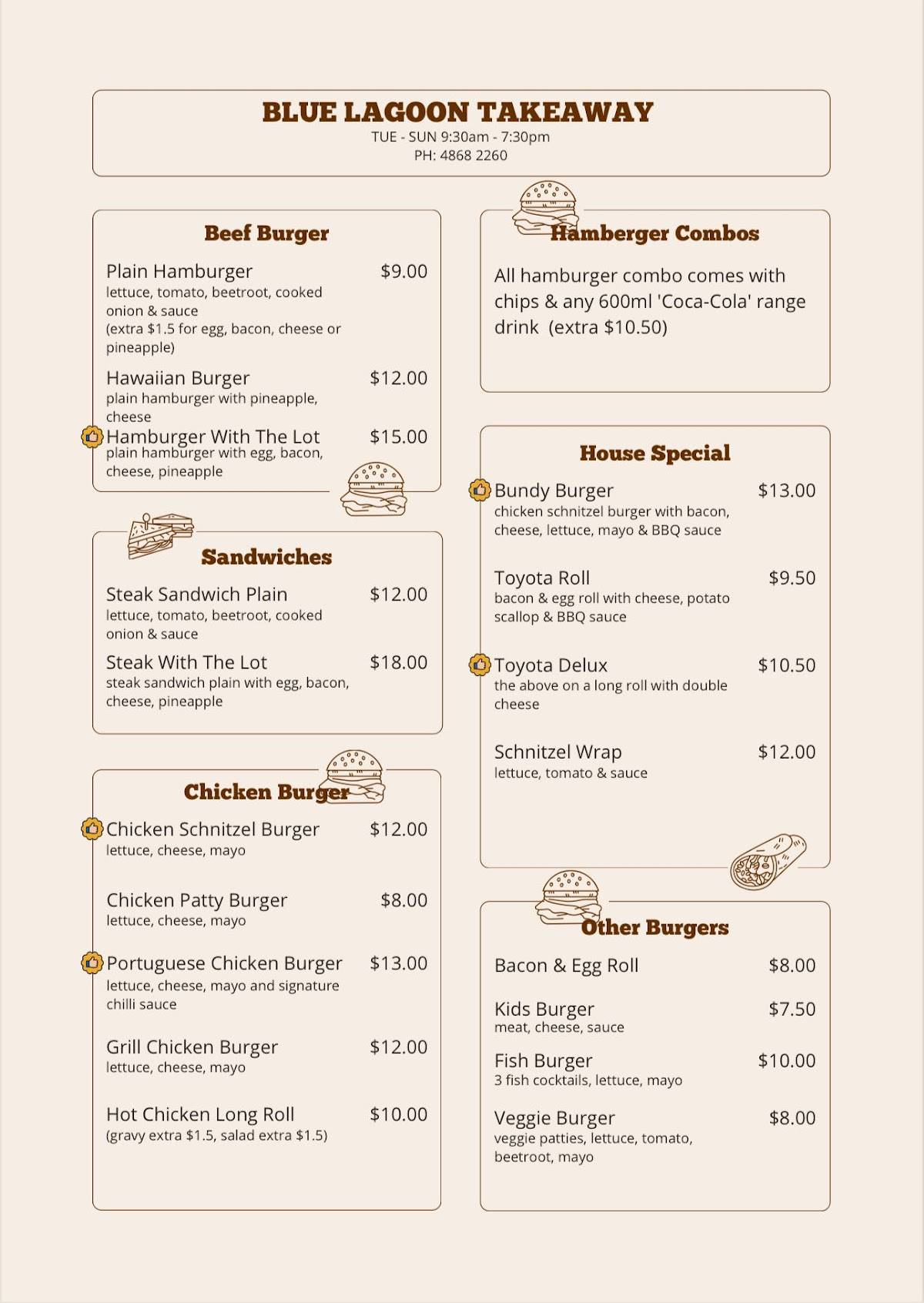 Menu at Blue Lagoon Takeaway fast food, Moss Vale