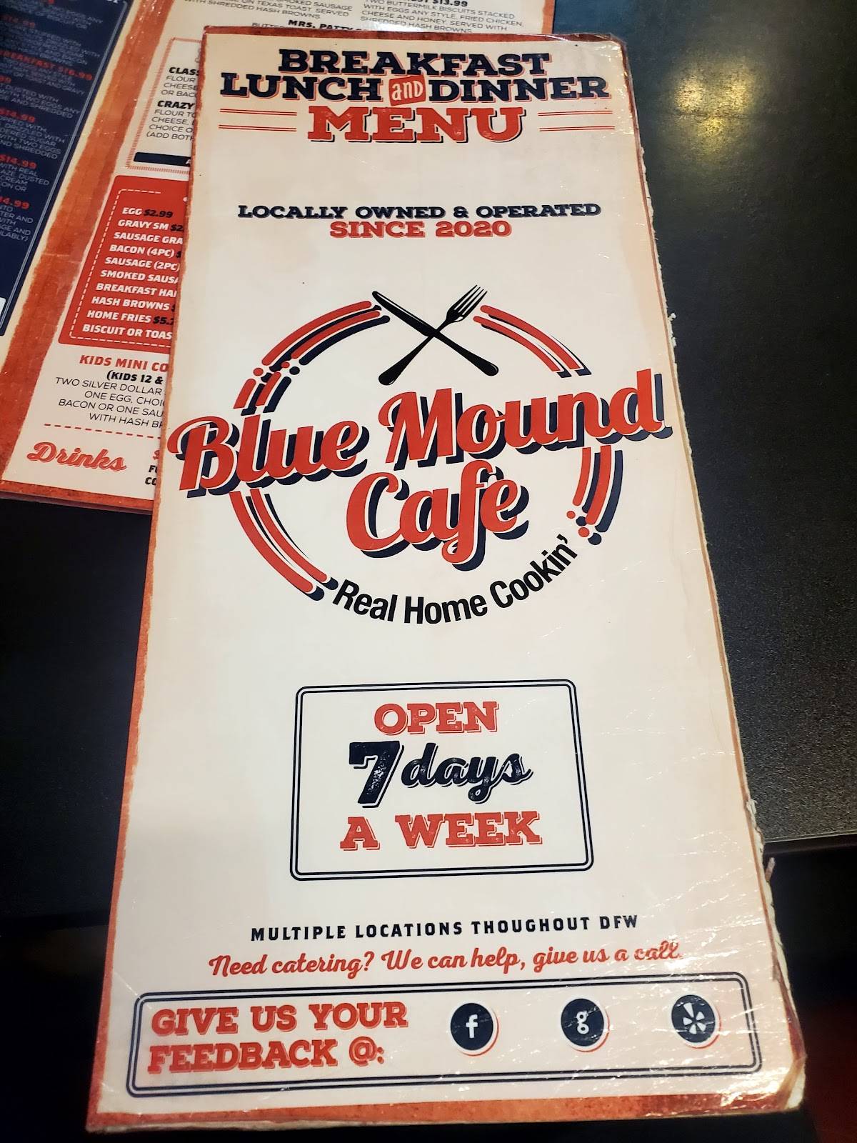 Menu at Blue Mound Cafe - Belknap, Fort Worth