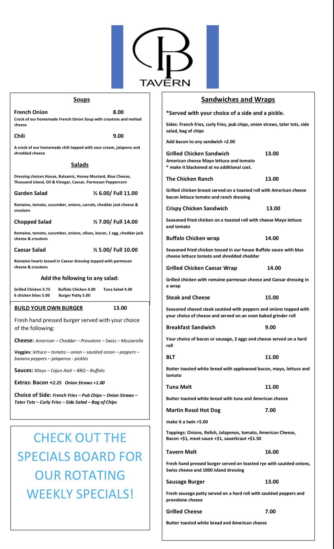 Menu at Blue Plate Tavern pub & bar, Plainville