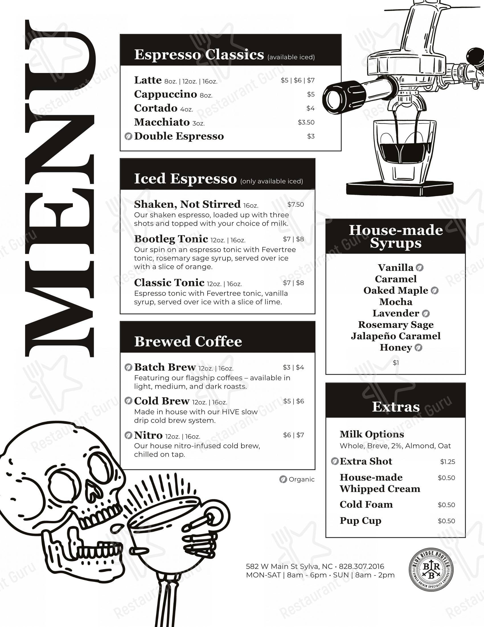 Menu at Blue Ridge Bootleg Coffee Roastery and Cafe, Sylva