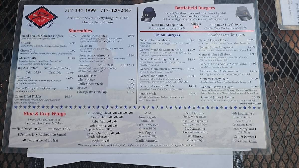 Menu at Blue & Gray Bar & Grill, Gettysburg
