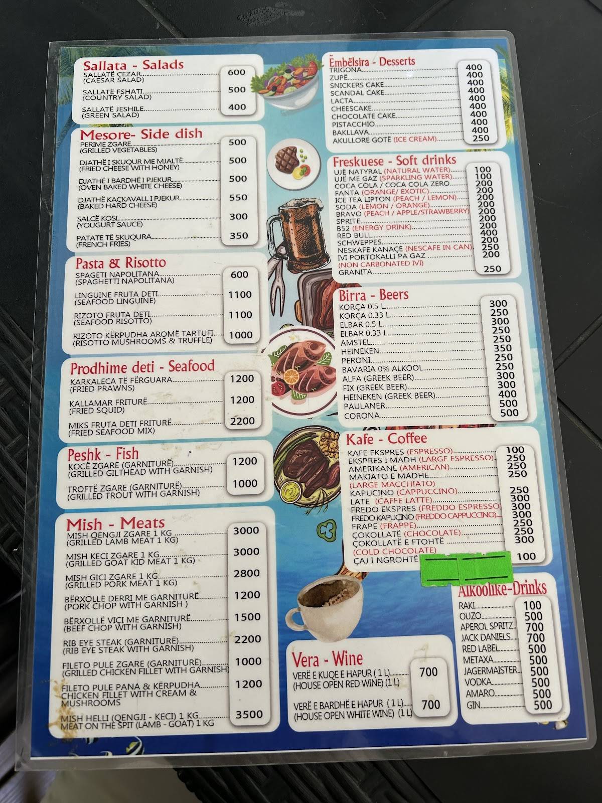 Menu at Blue eye restaurant, Muzinë