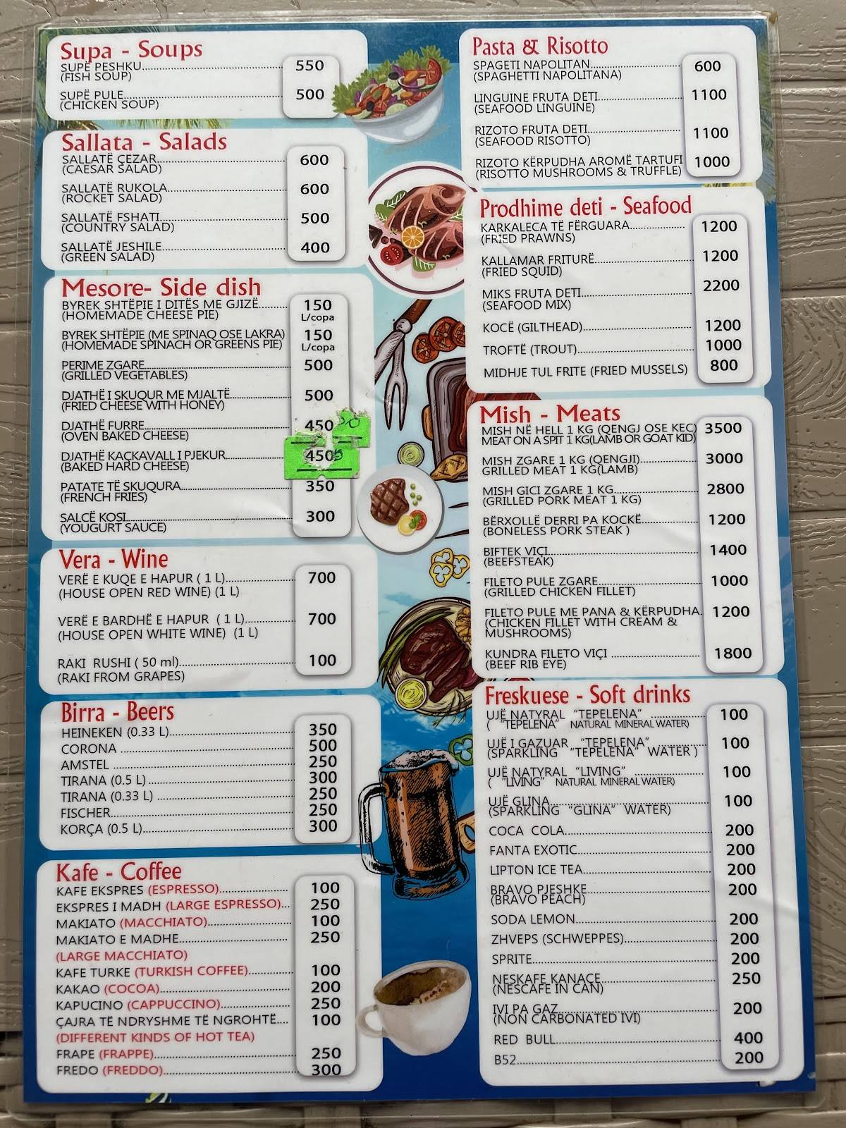 Menu at Blue eye restaurant, Muzinë