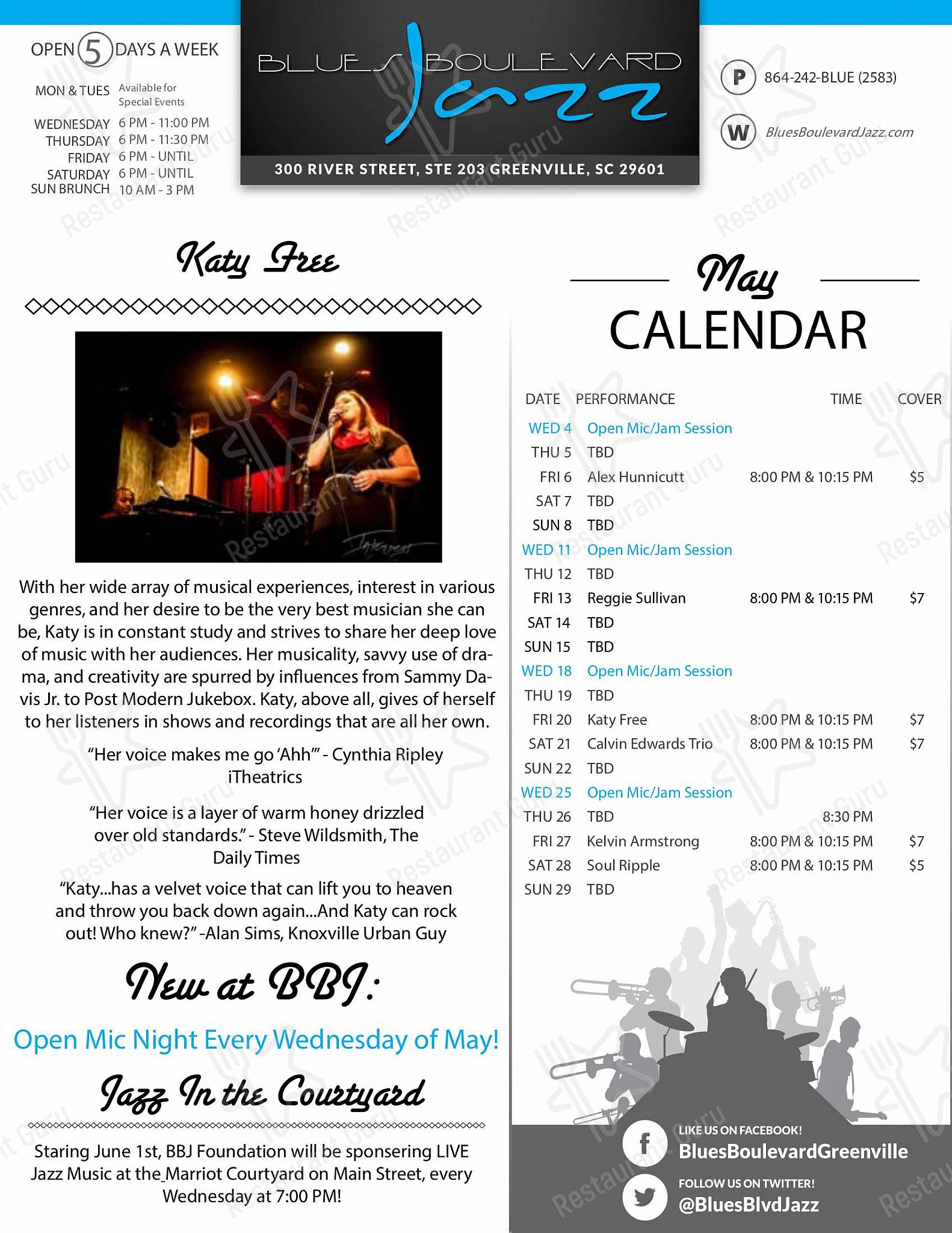 Menu at Blues Boulevard Jazz pub & bar, Greenville