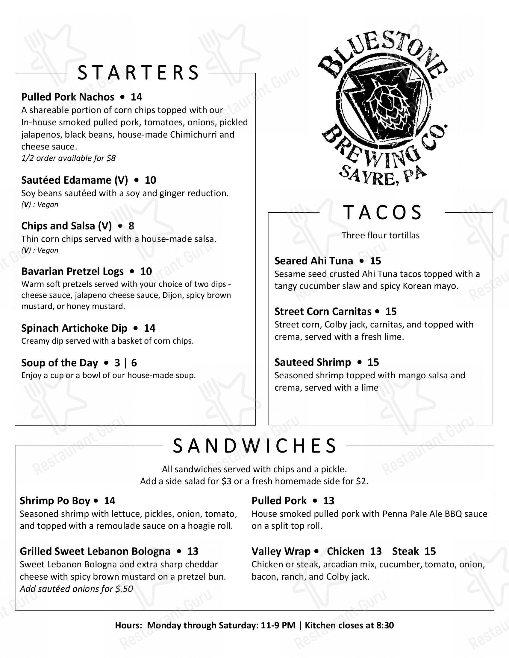 Menu at Bluestone Brewing Company pub & bar, South Waverly