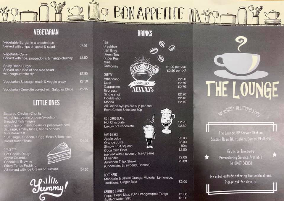 Menu at The Lounge cafe, Bluntisham