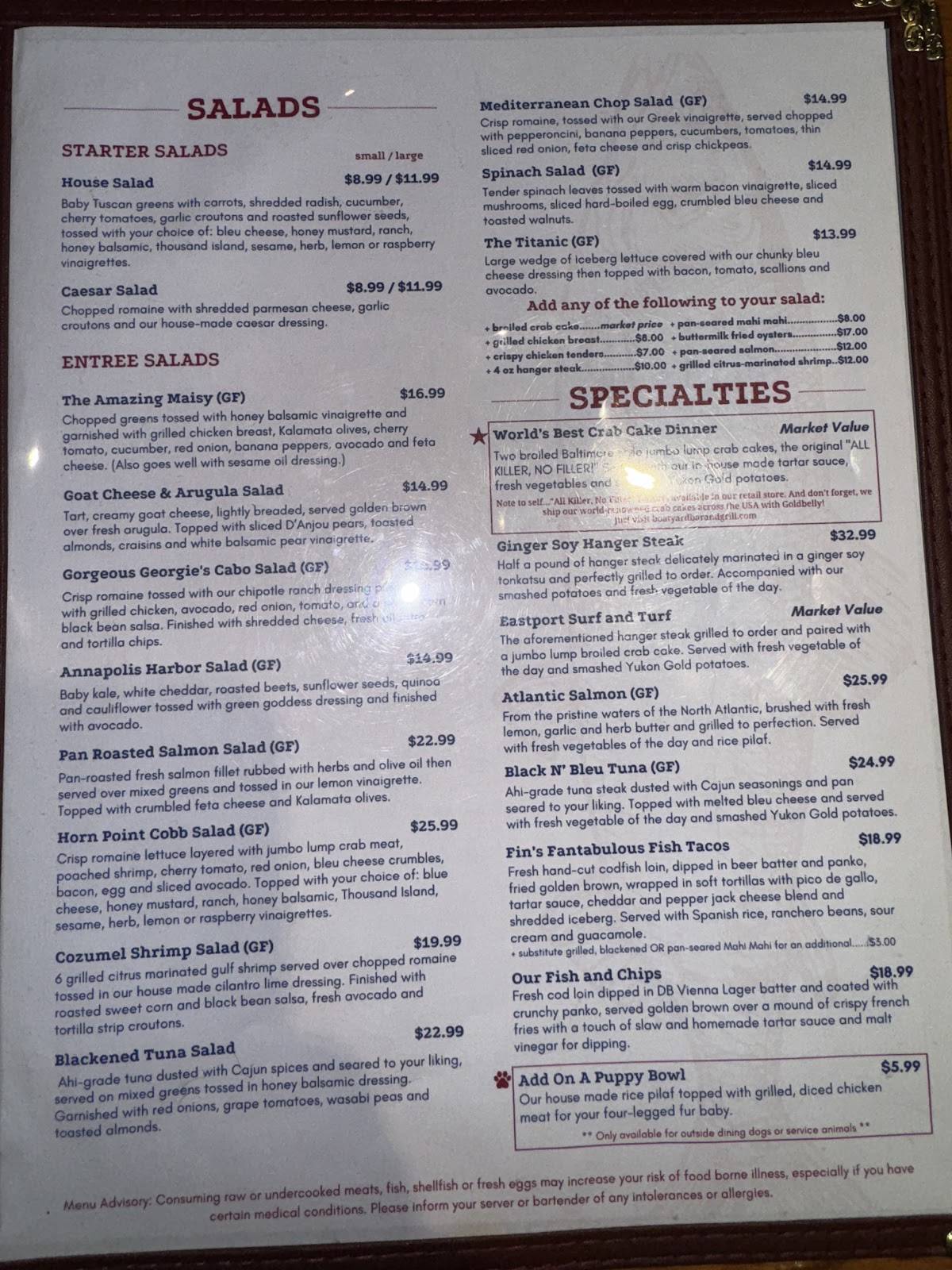 Menu at Boatyard Bar & Grill, Annapolis