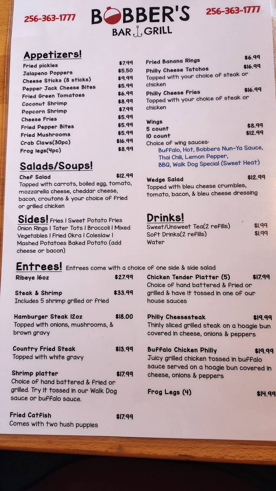 Menu at Bobbers Bar and Grill, USA