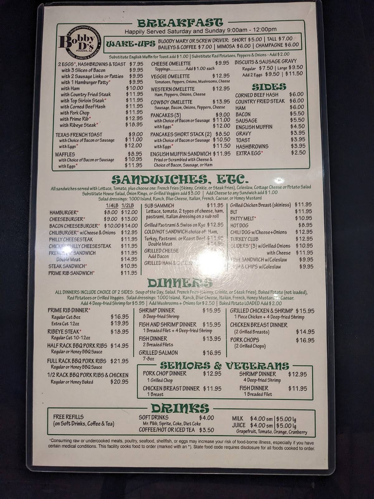 Menu at Bobby D's Restaurant & Lounge, Phoenix