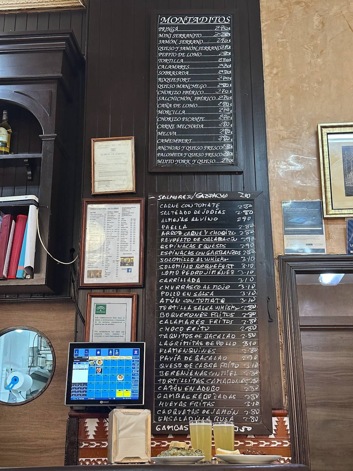 Carta de Bar Santa Cruz “Las Columnas”, Sevilla, C. Rodrigo Caro