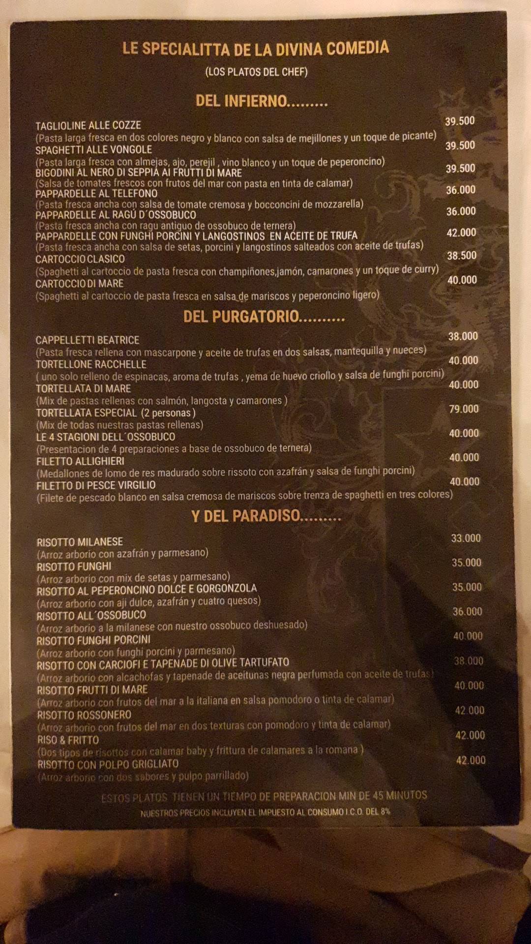 Carta del restaurante La Divina Comedia Trattoria, Bogotá, Cl. 71 #5-83