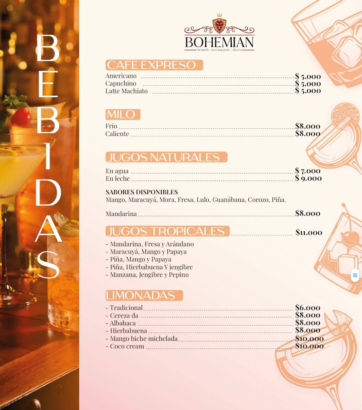 Carta de Bohemian Brunch, Restaurante y Disco santa marta, Santa Marta