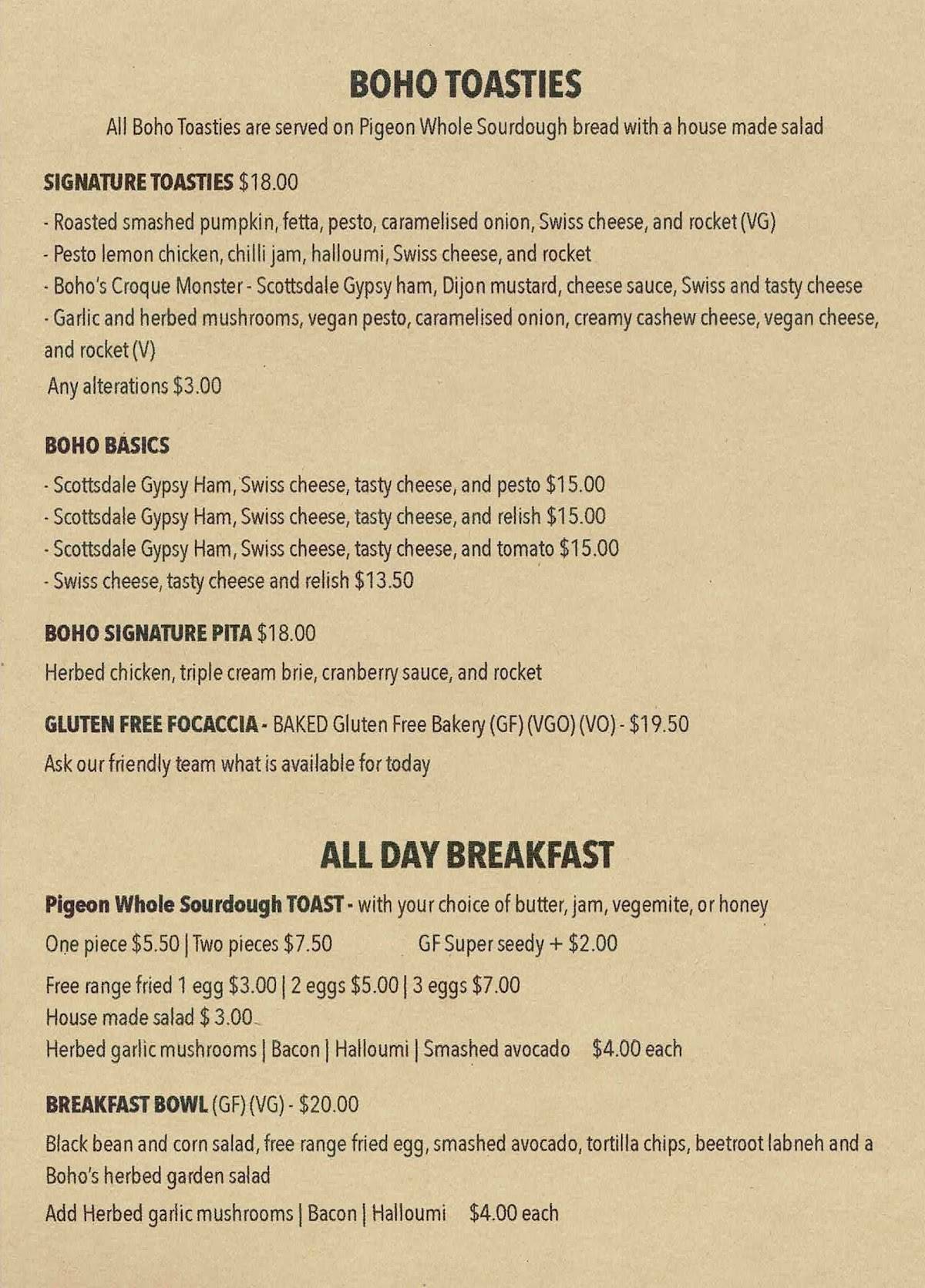 Menu at Boho At The Beach cafe, Kingston Beach