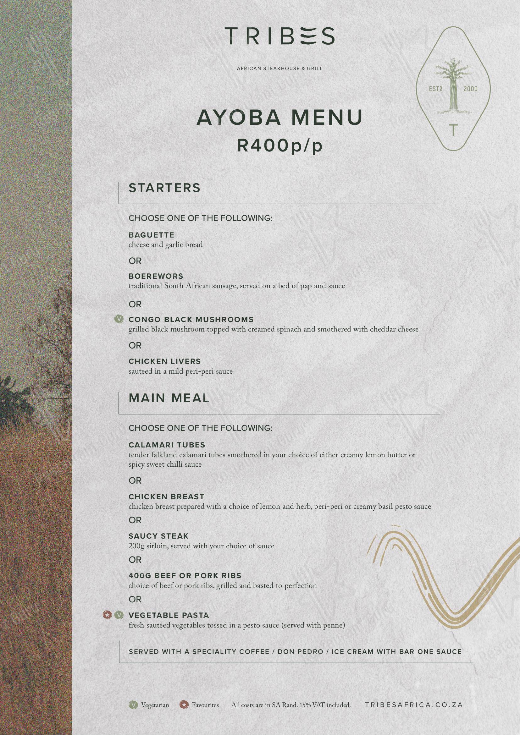 Menu at Tribes African Grill & Steakhouse, Boksburg