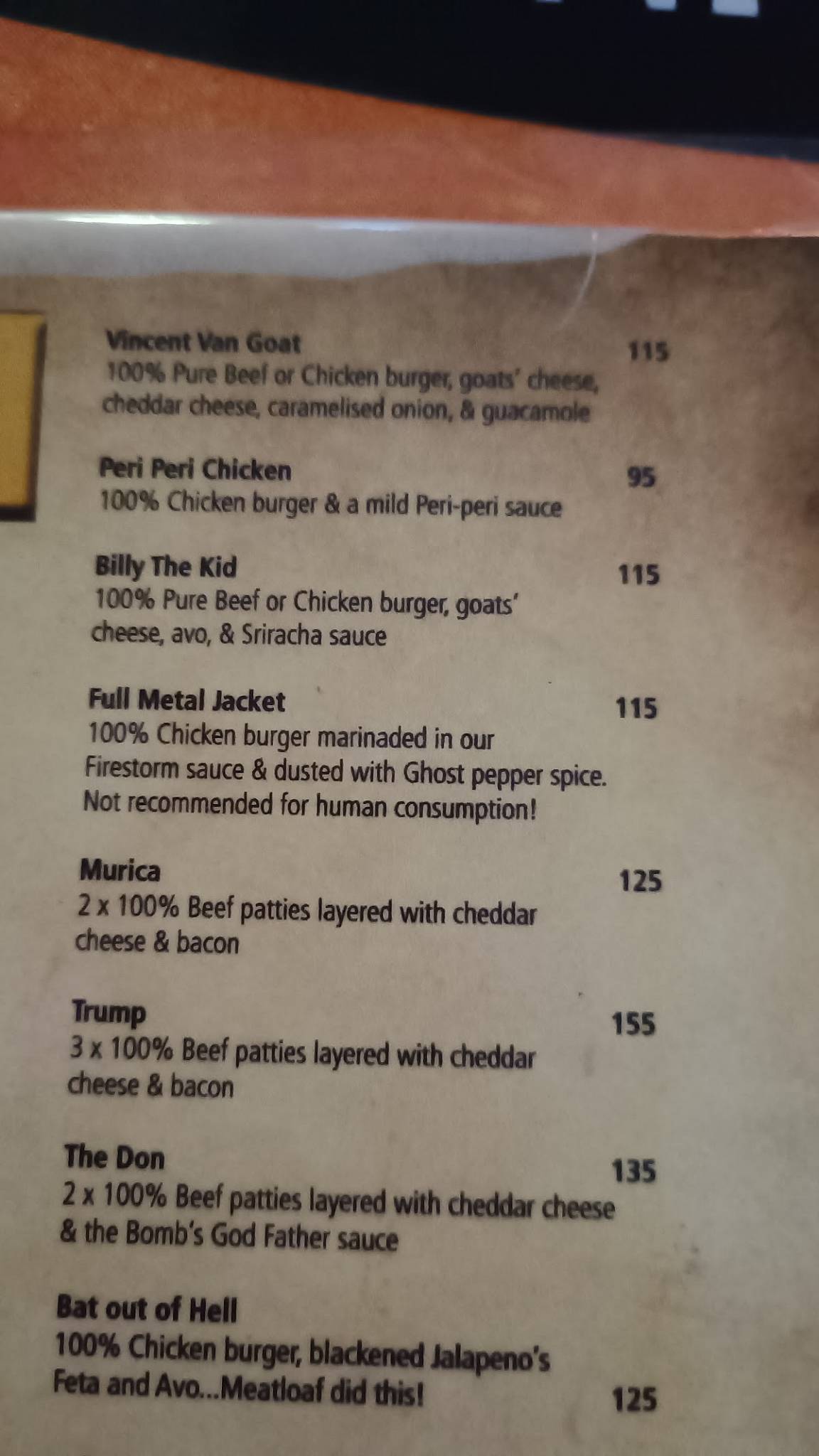 Menu at Bombshelter Restaurant and Bar, Cape Town