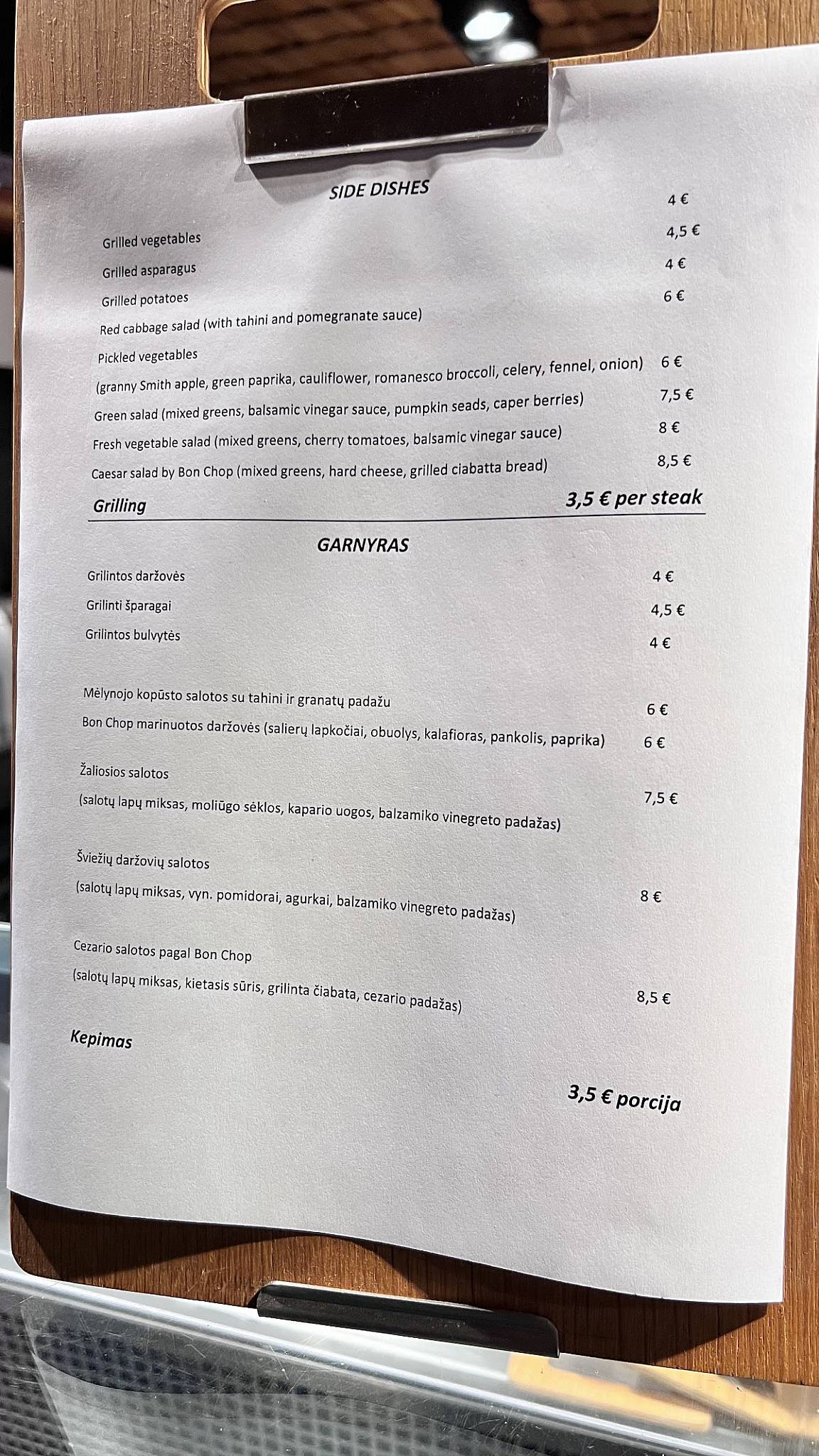 Menu at Bon Chop BBQ, Vilnius